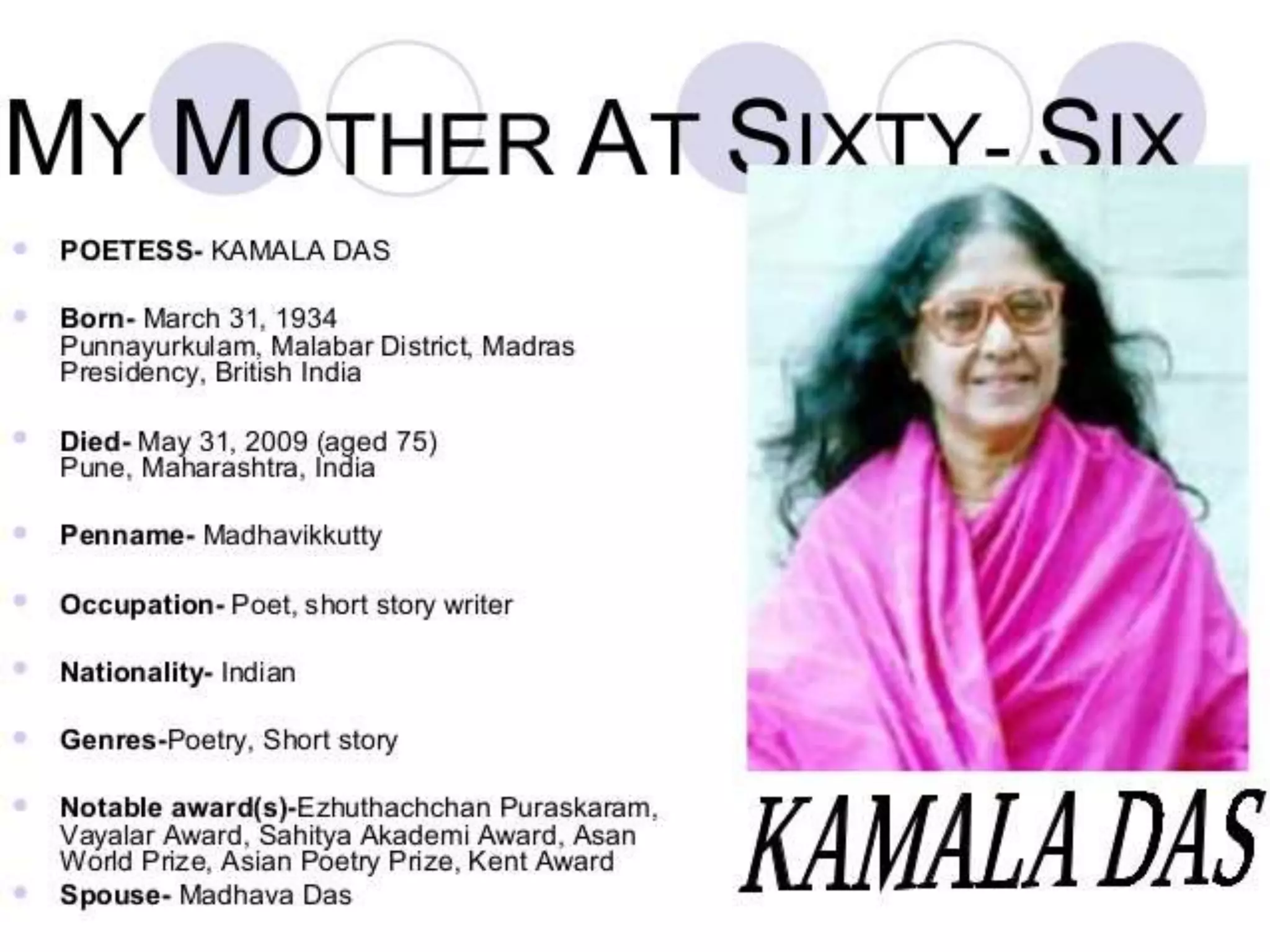 MY MOTHER AT SIXTY SIX By KAMALA DAS | PPTX