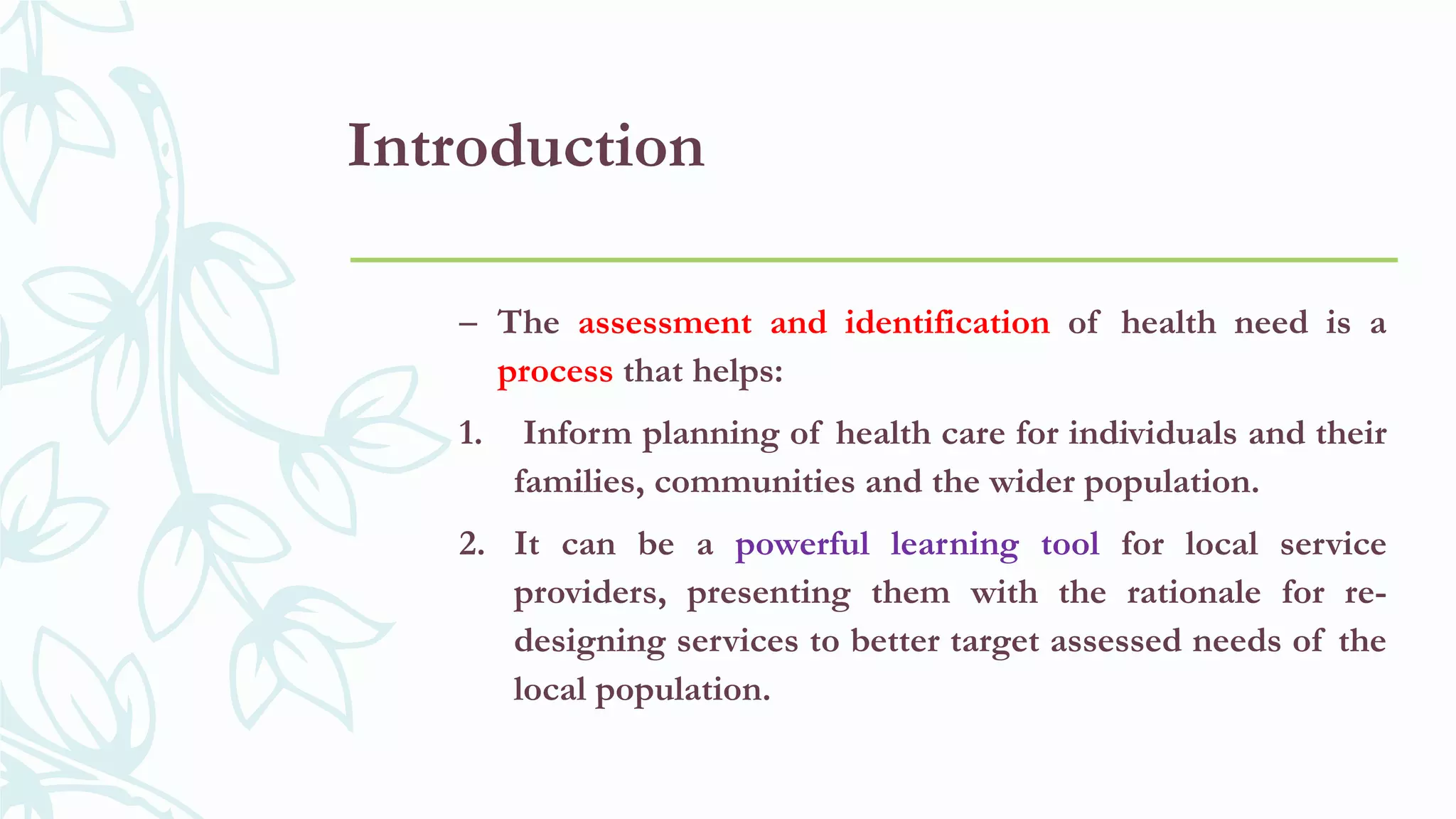 Assessing and Identifying Health Needs: Theories and Frameworks for ...