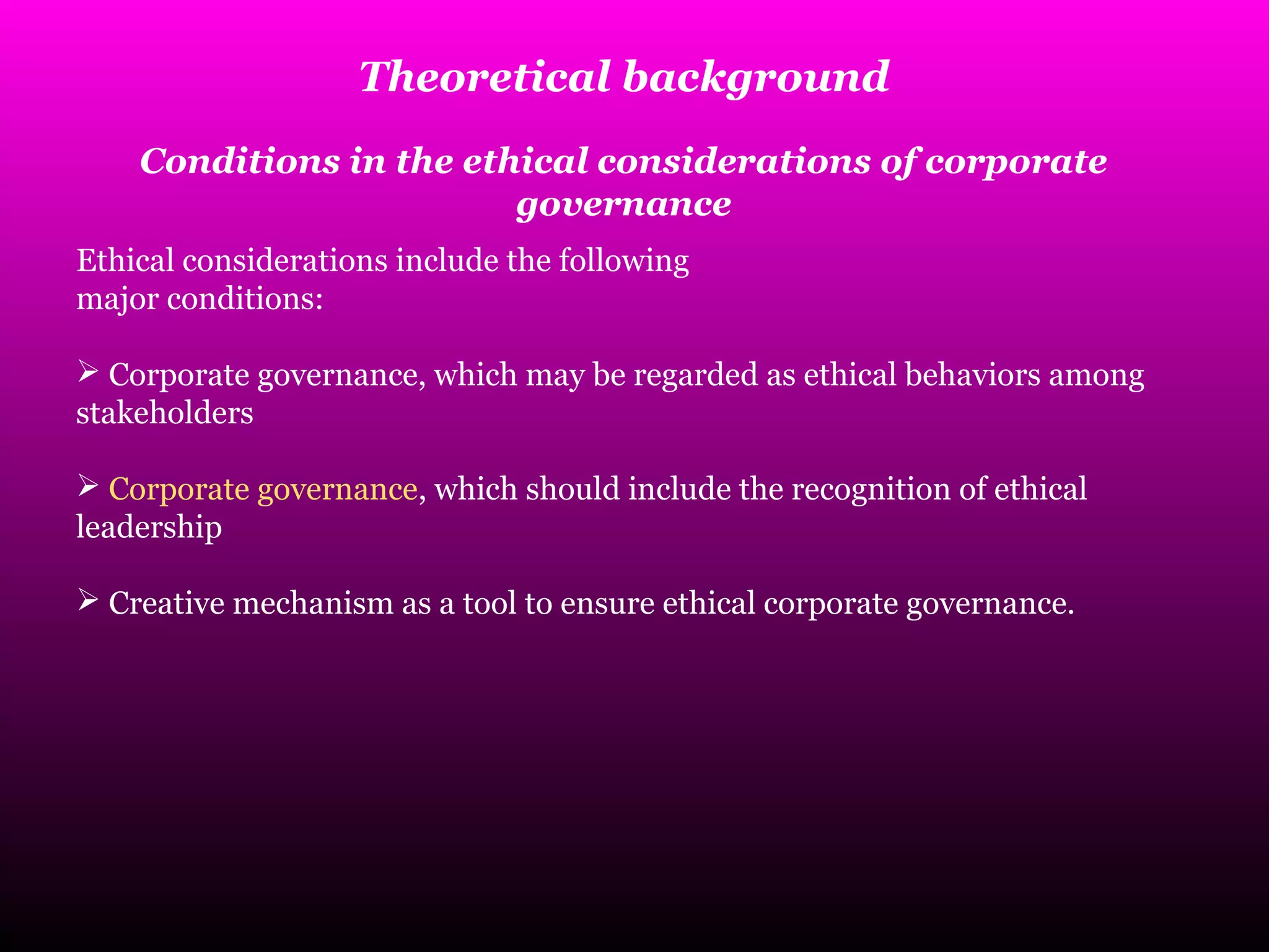 ethical considerations of corporate governance | PPT