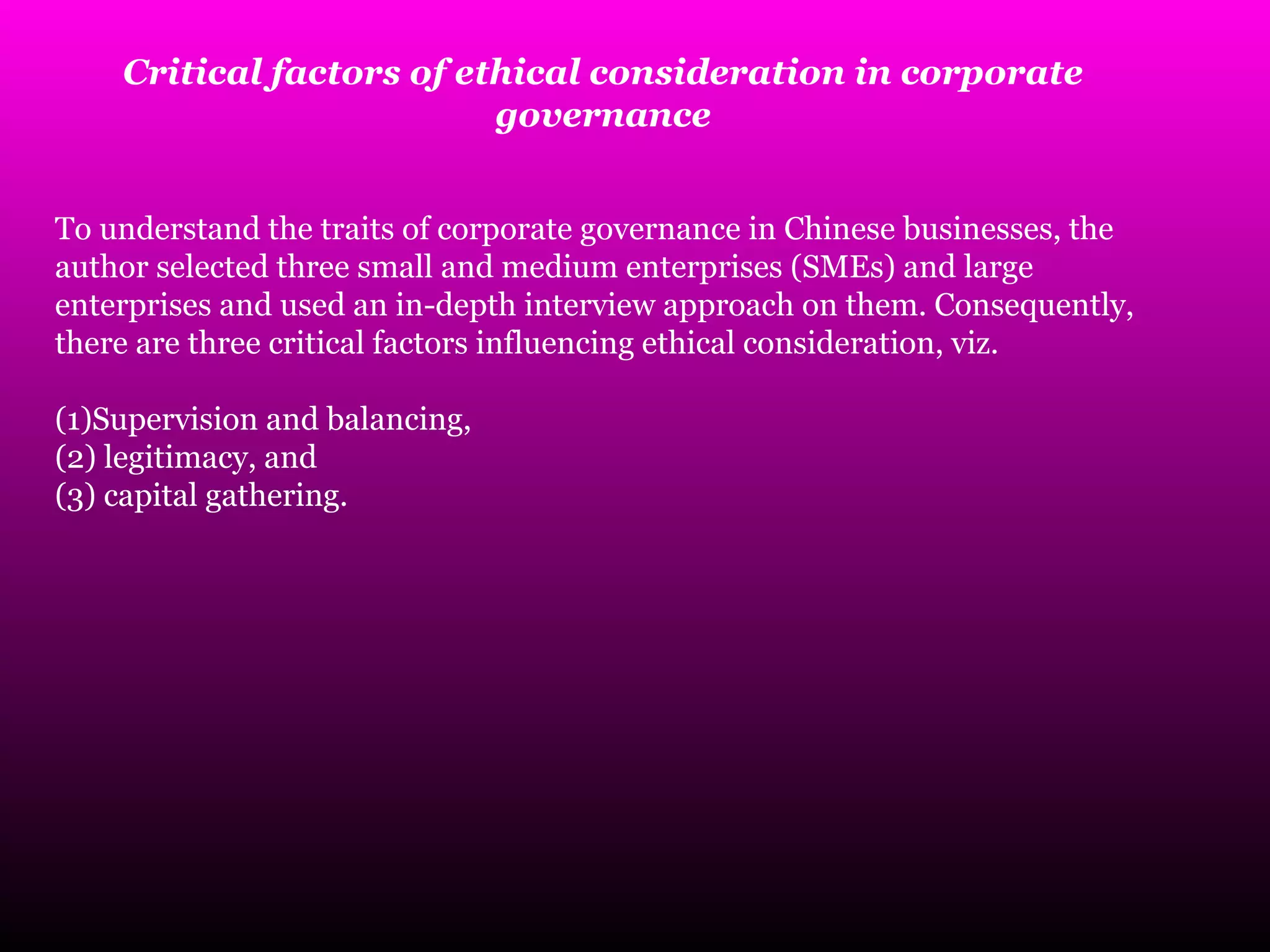 ethical considerations of corporate governance | PPT