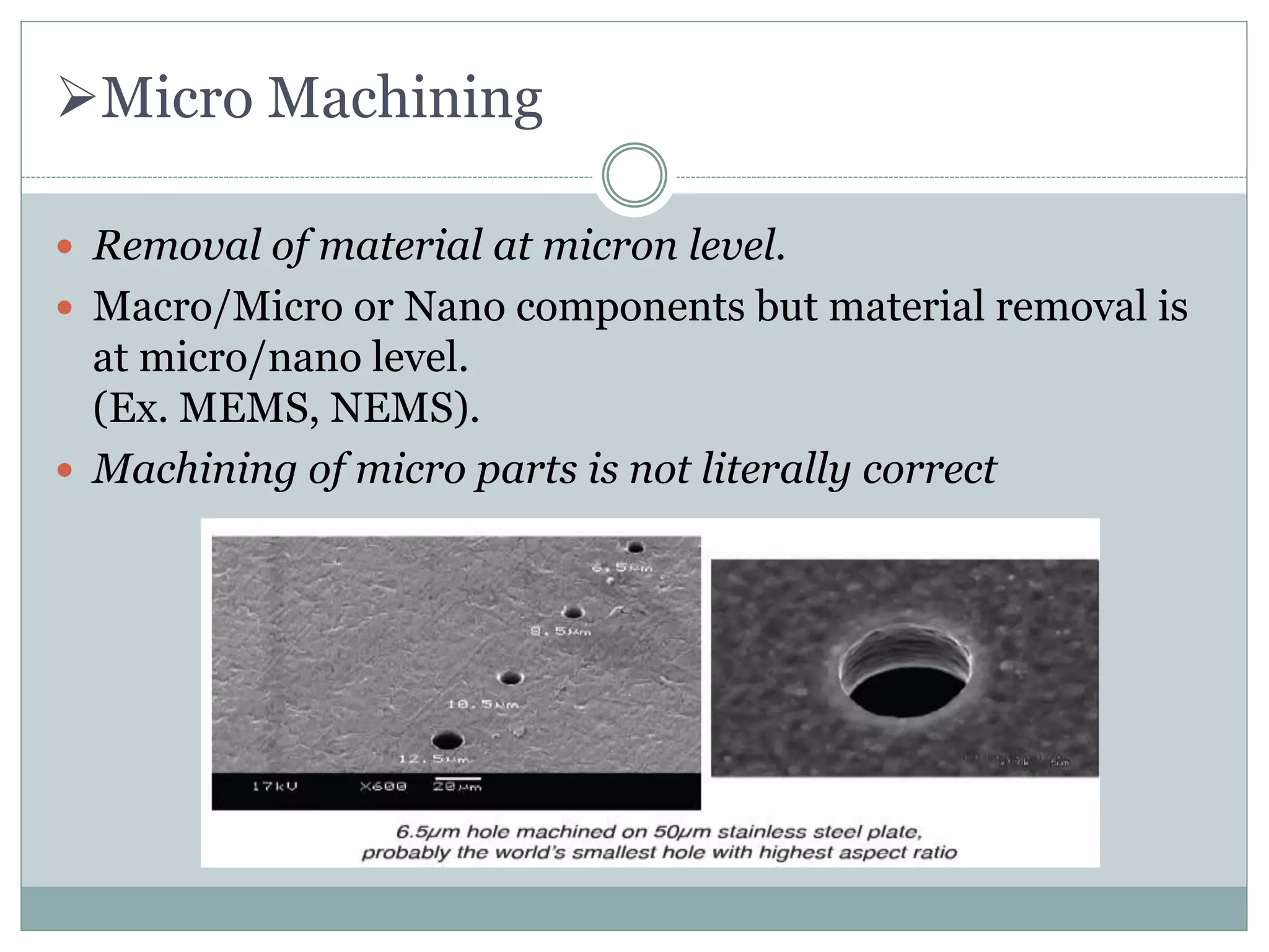 Micro machining and classification, and Electro chemical micro ...