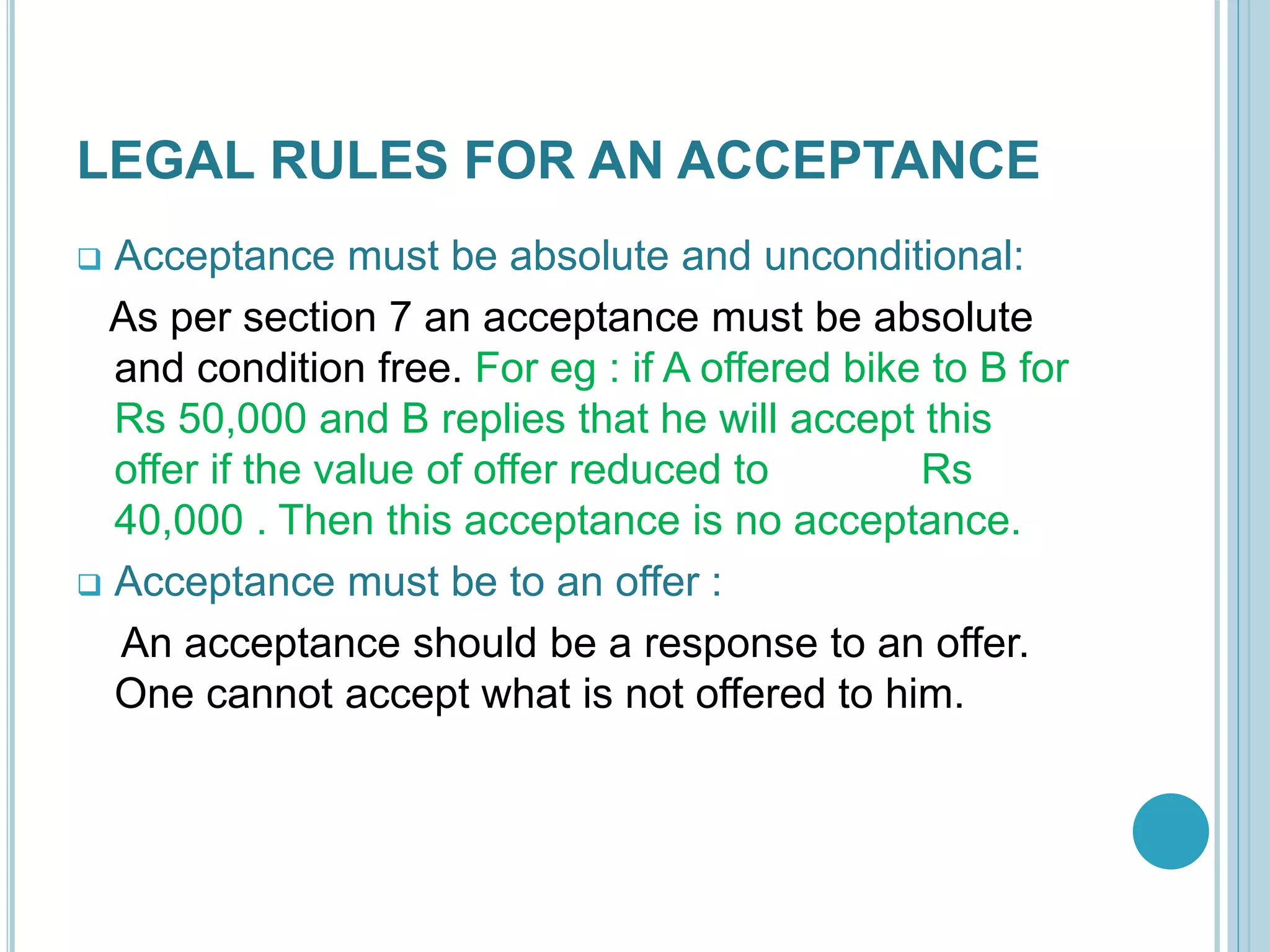 OFFER AND ACCEPTANCE- MEANING , ELEMENTS AND LEGAL RULES | PPT