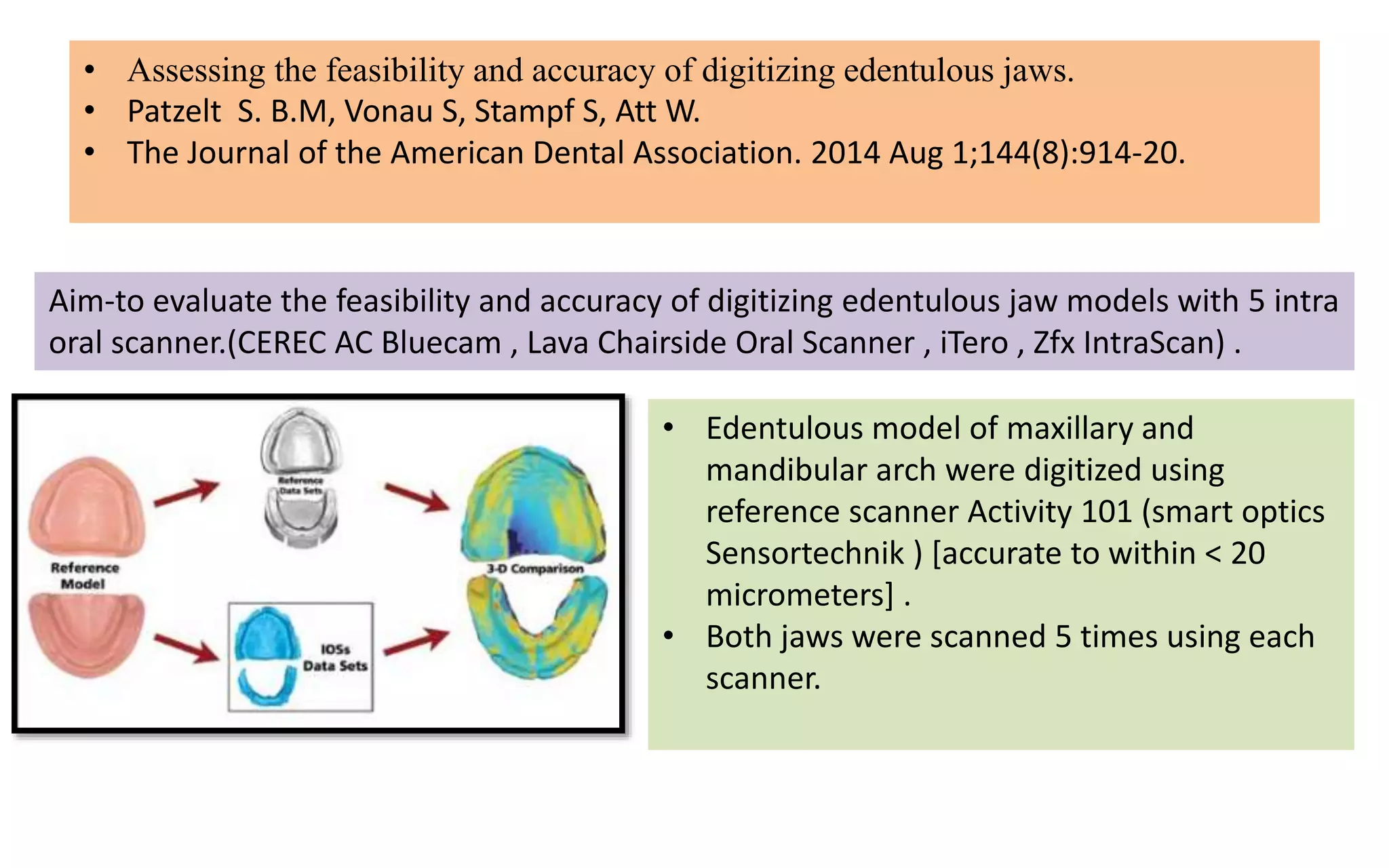 Trueness and precision of 5 intraoral scanners for scanning edentulous and dentate complete-arch ...