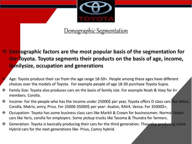 Toyota segmentation and introducing | PPTX | Automotive Industry ...