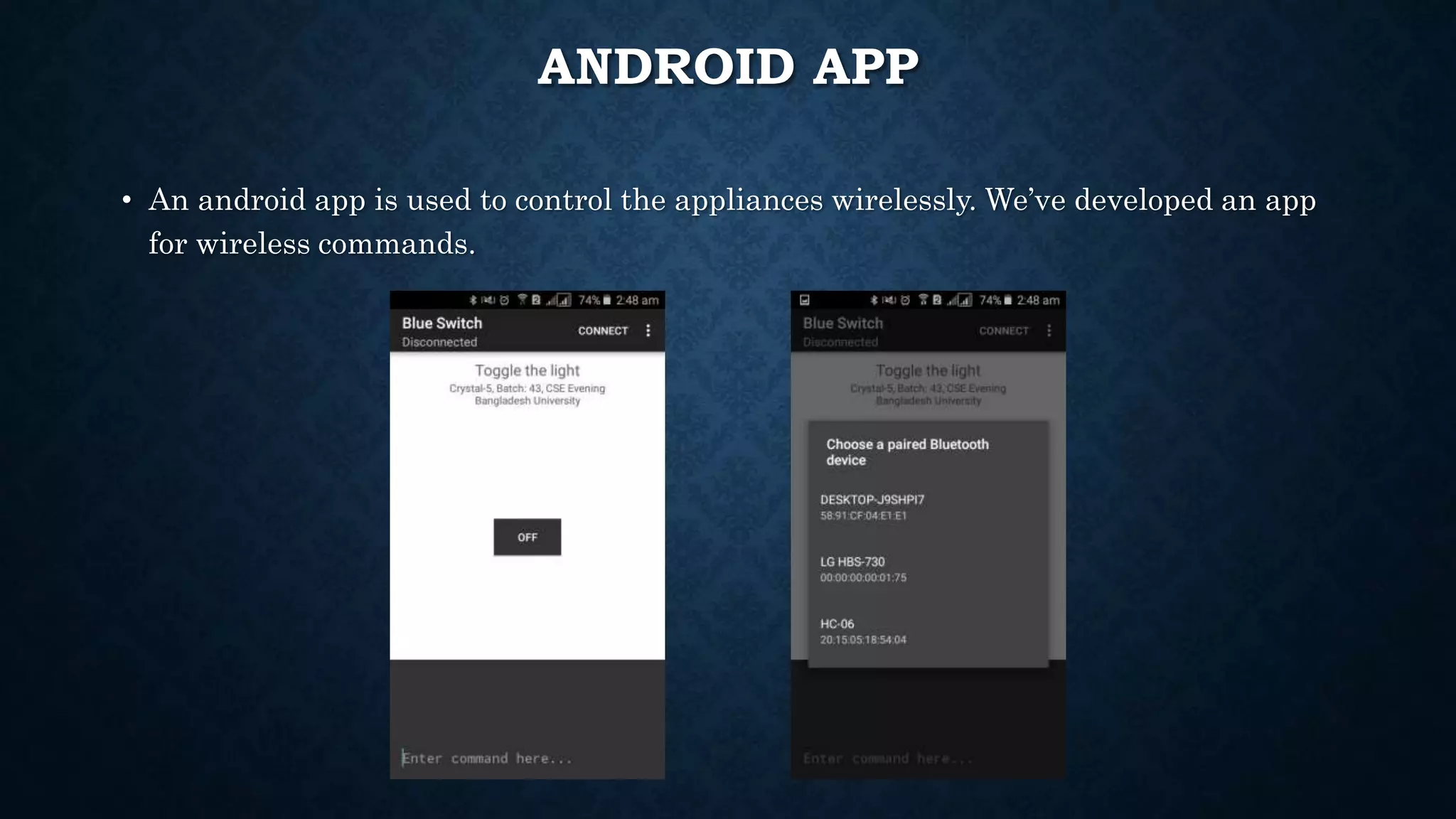Wireless home appliance control using arduino and bluetooth module | PPTX
