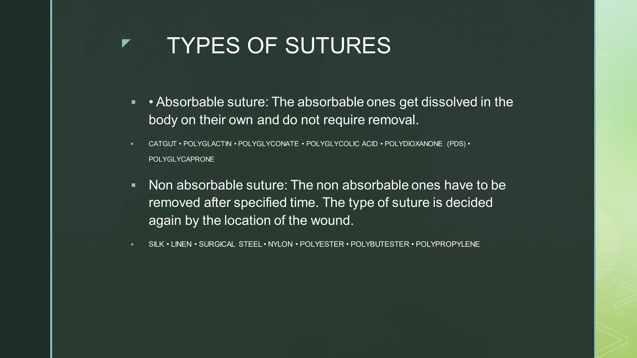 Sutures, types, and their user in different conditions | PPT