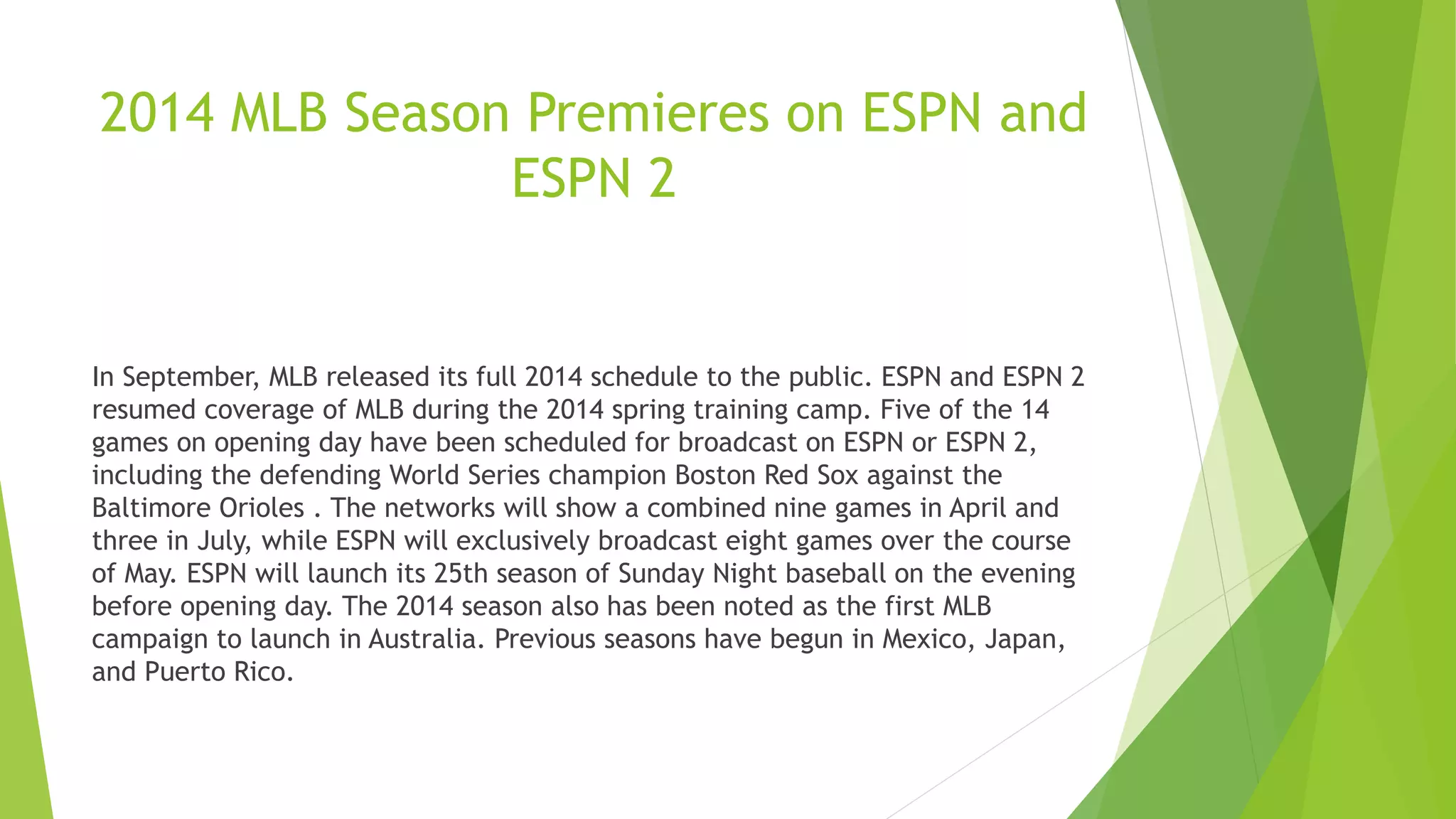 2014 MLB Season Premieres on ESPN and ESPN 2 | PPT