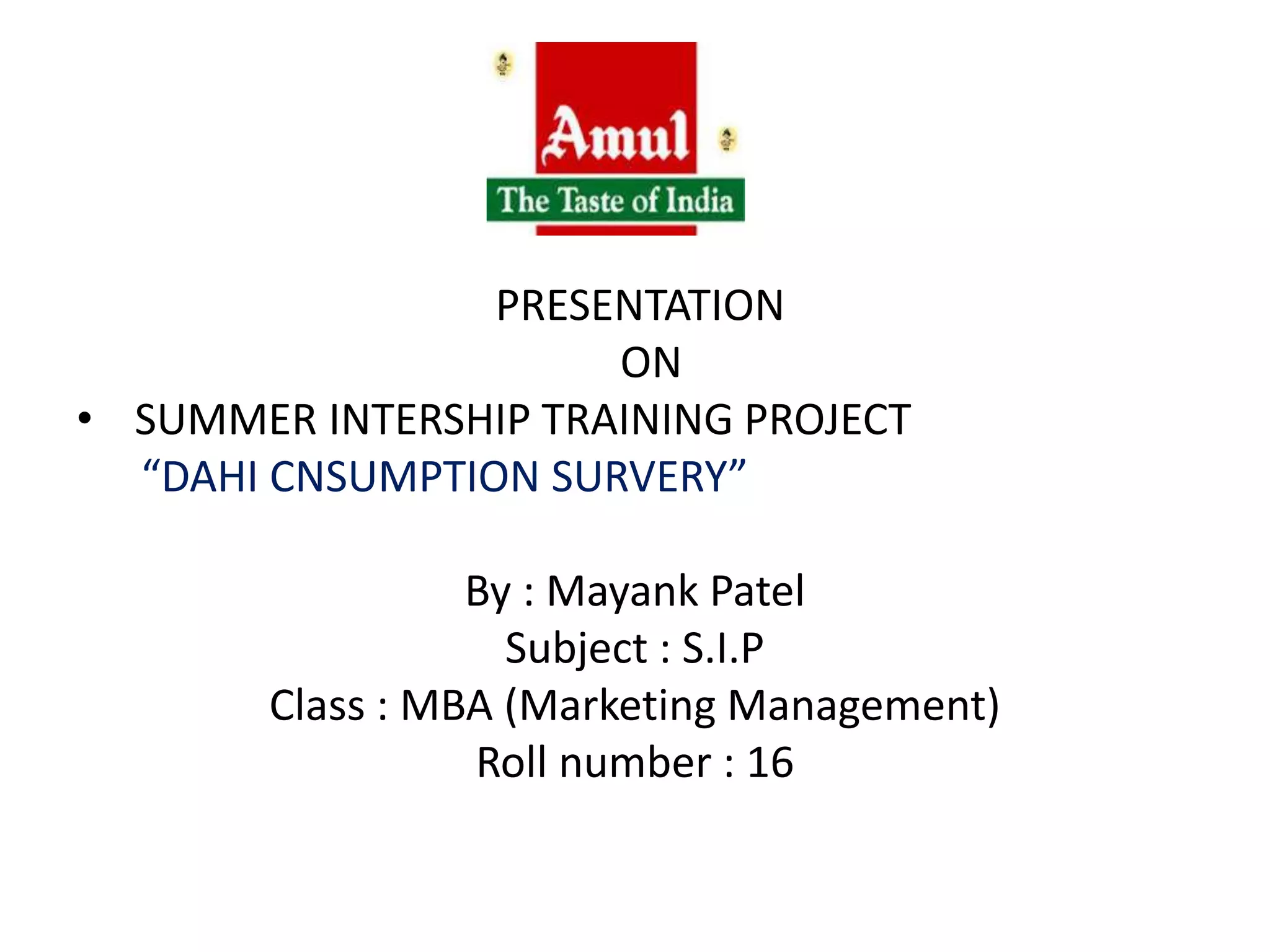 summer internship project report on AMUL | PPTX