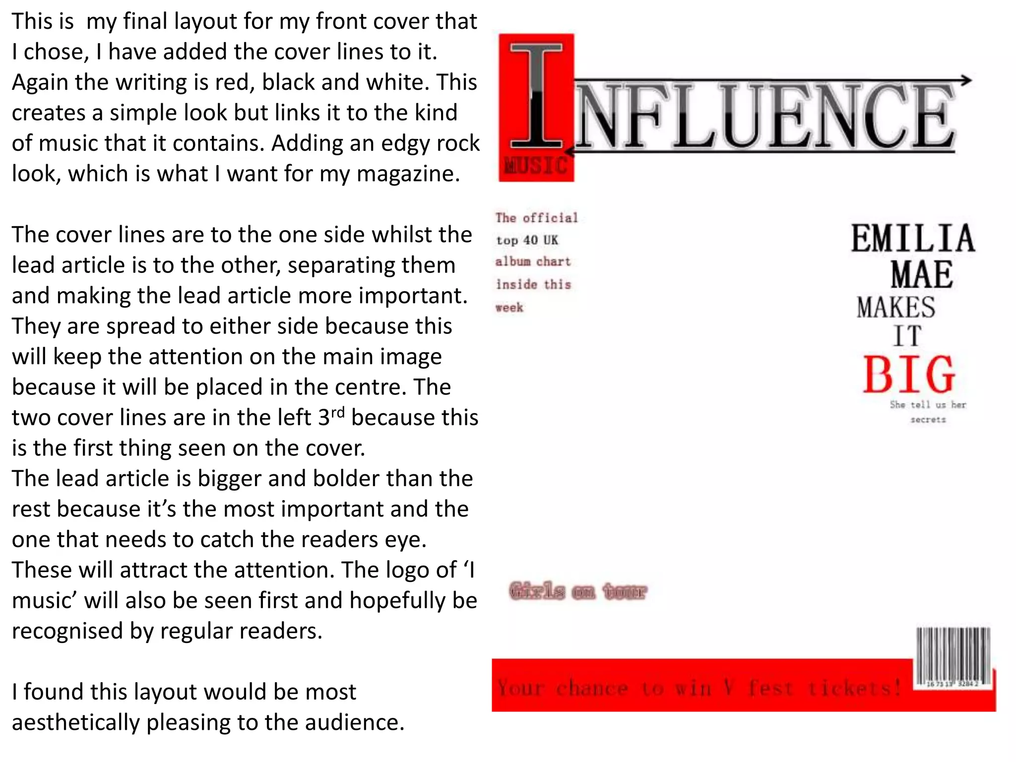 Magazine front cover and contents page layouts, fonts and colours ...