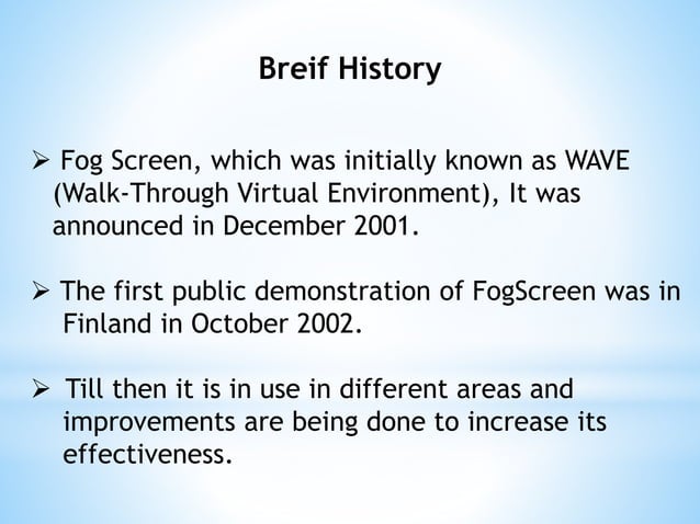 Fog Screen technology | PPTX | 3-D Graphics | Computer Software and Applications