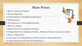 Presentation: Research Problem, Questions, Variables and Hypotheses | PPTX