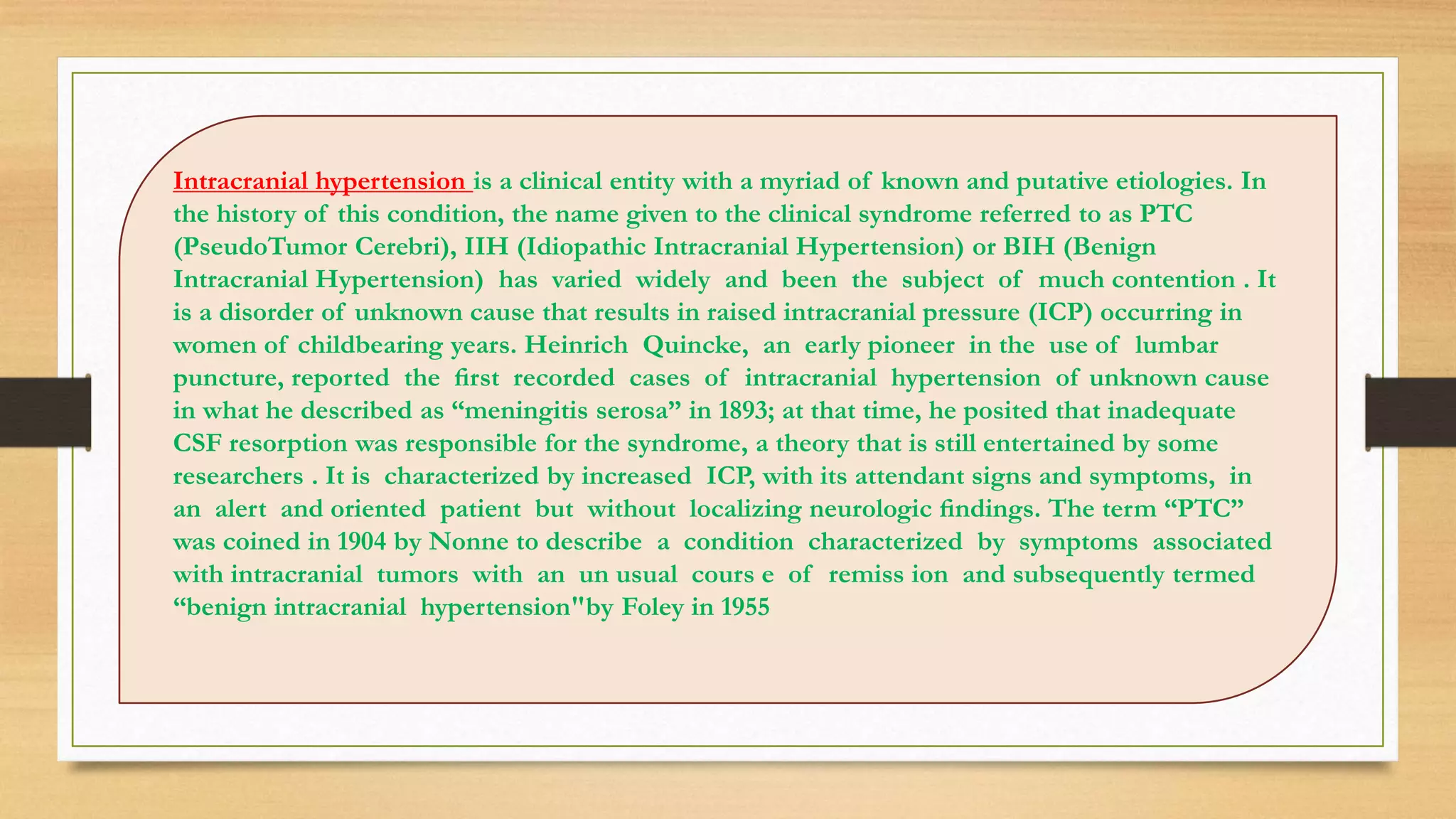 INTRACRANIAL HYPERTENSION (ETIOLOGY,PPATHOPHYSIOLOGY,SYMTOMS ...