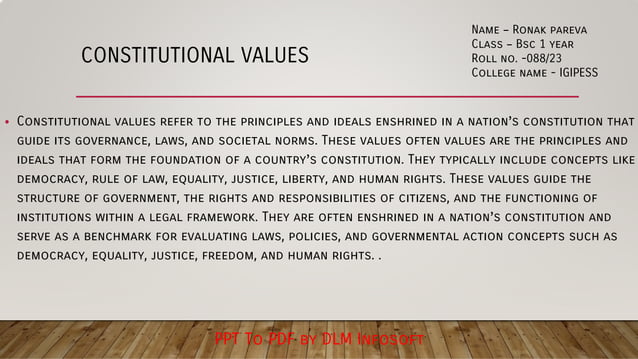 Presentation on Indian constitutional values. | PDF | Politics