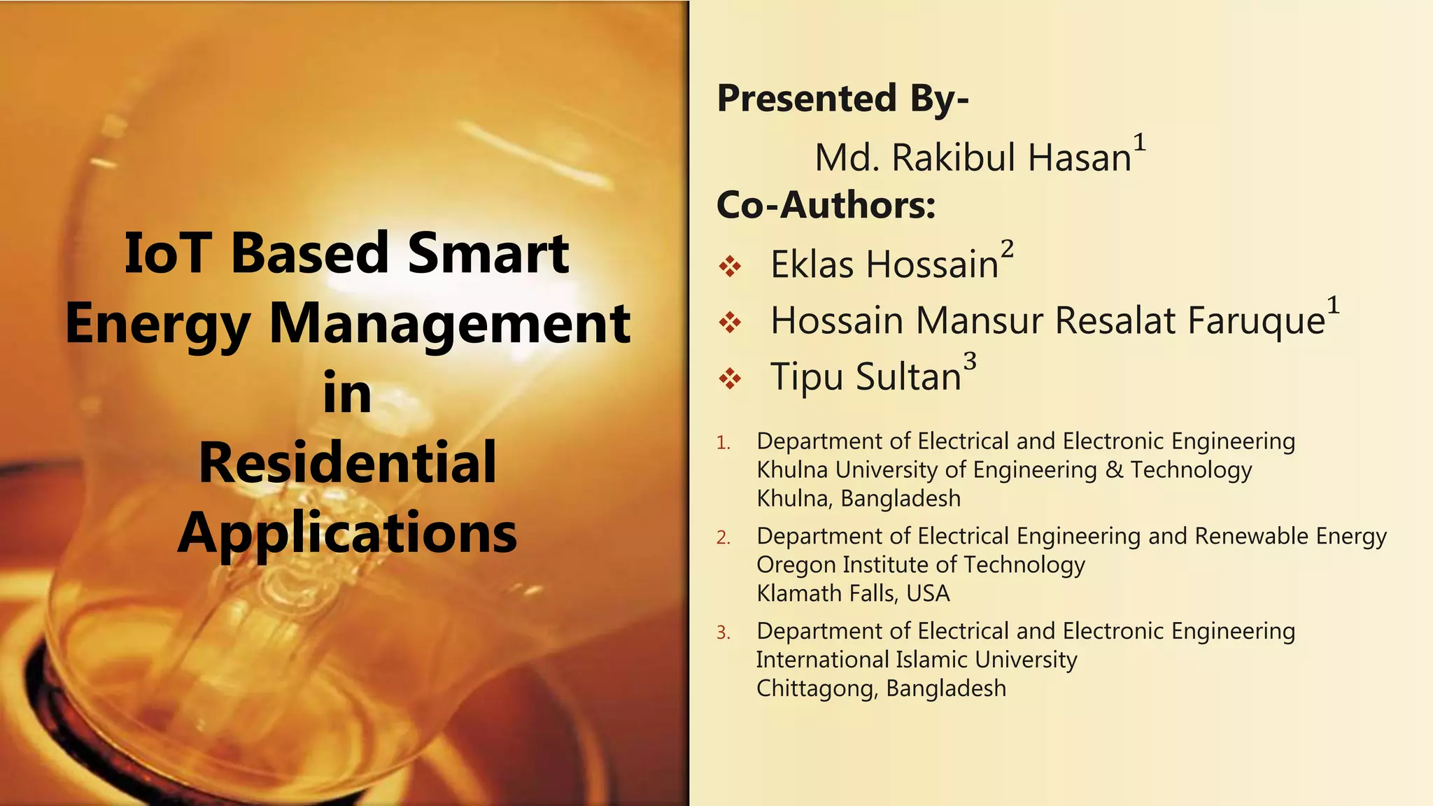 IoT Based Smart Energy Management in Residential Applications | PPTX