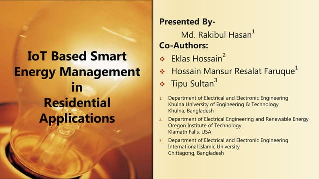 IoT Based Smart Energy Management in Residential Applications | PPTX