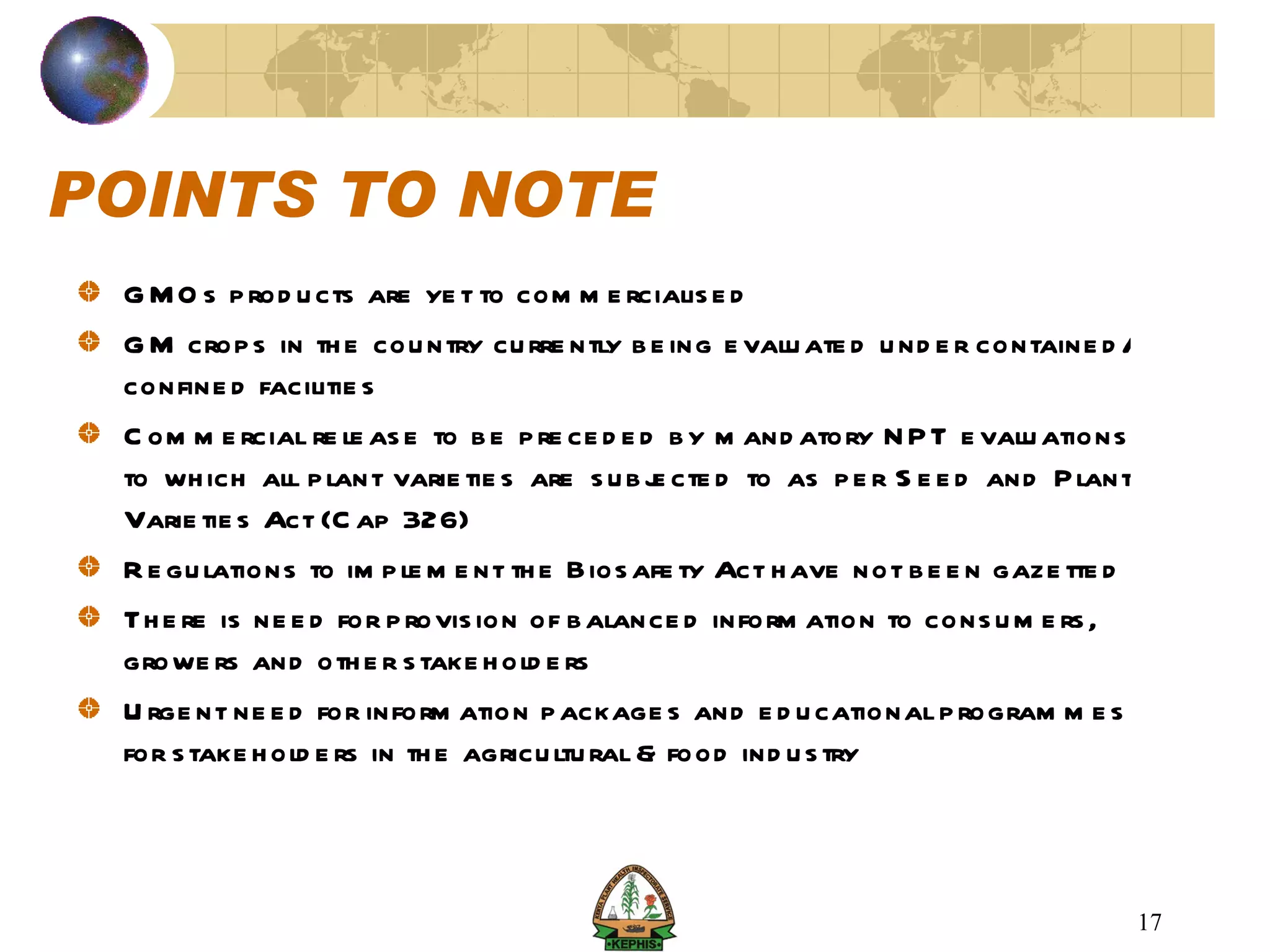 Implementing biosafety regulation: the role of KEPHIS | PPT