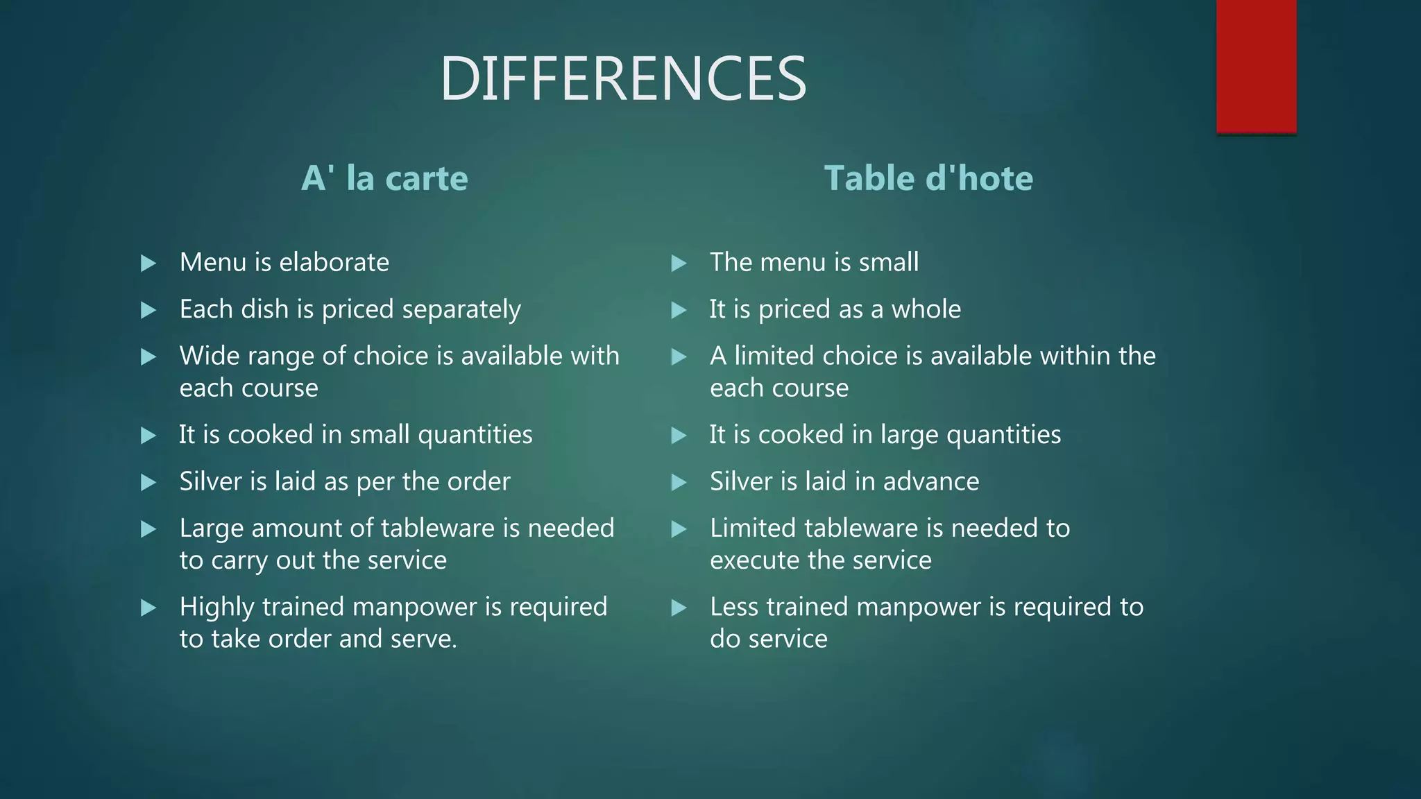Difference Between Ala carte menu & Table d'hote menu | PPTX