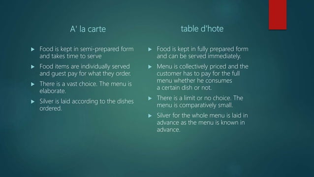 Difference Between Ala carte menu & Table d'hote menu | PPTX | Bars & Restaurants | Attractions