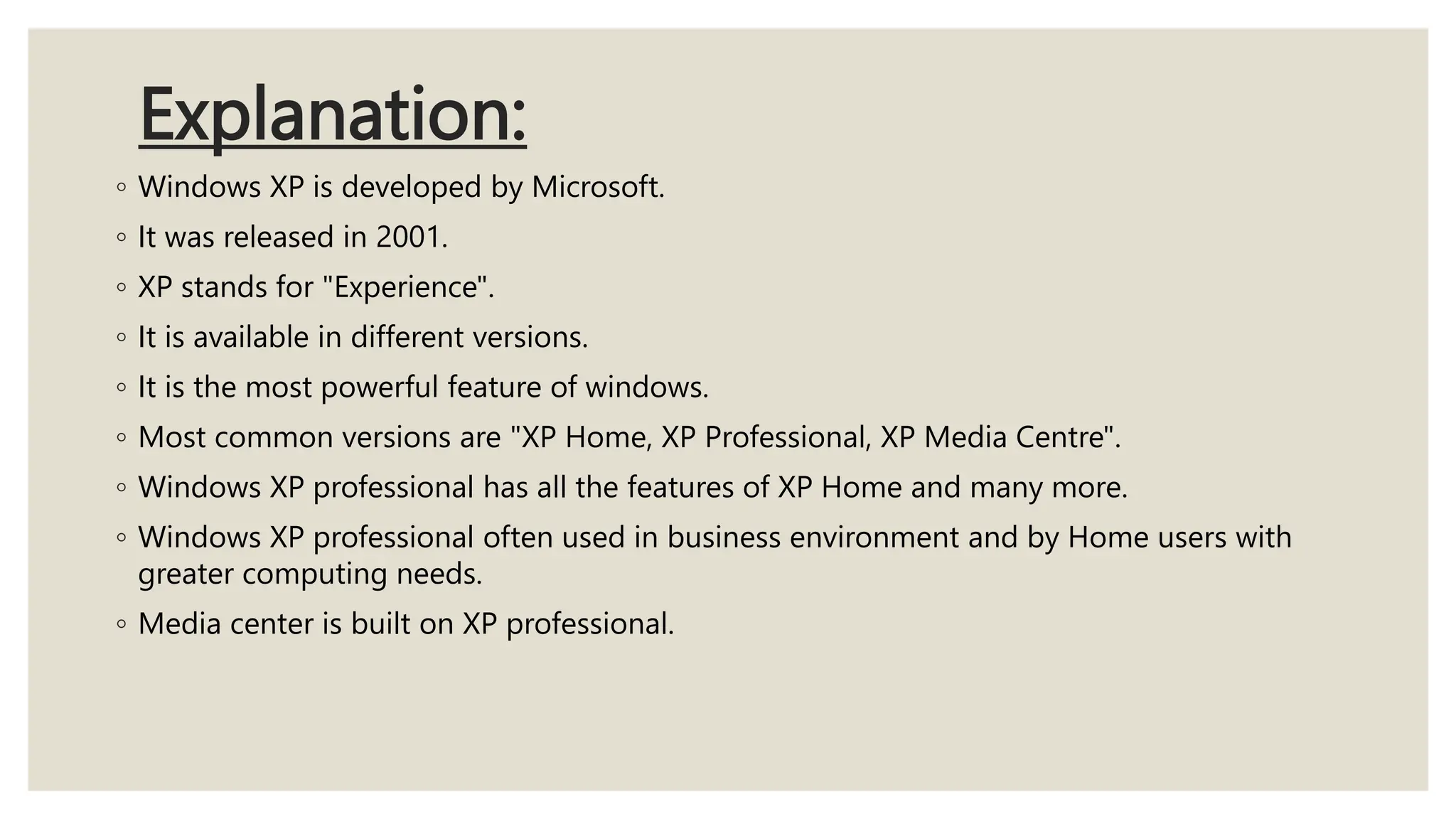 Presentation 7 (1).pptx windows Xp explanation | PPTX | Operating Systems | Computer Software ...