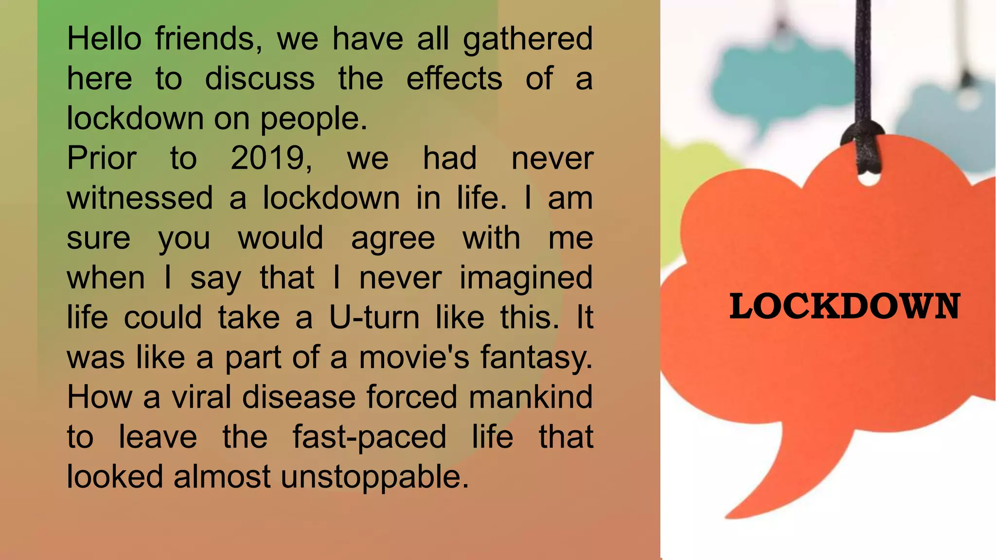 Speech on Effects of lockdown | Lockdown Speech in assembly | PPT