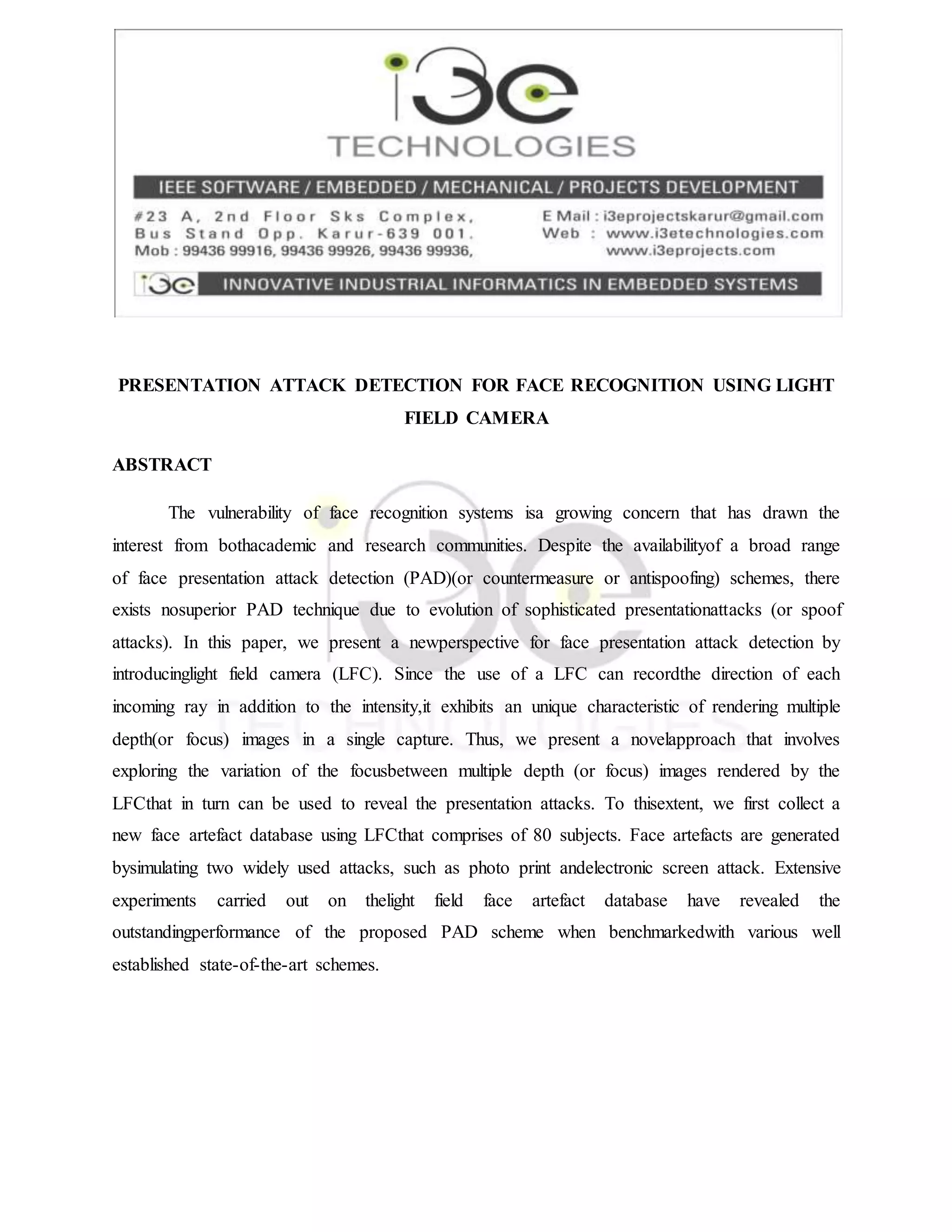 Presentation attack detection for face recognition using light field camera | DOCX