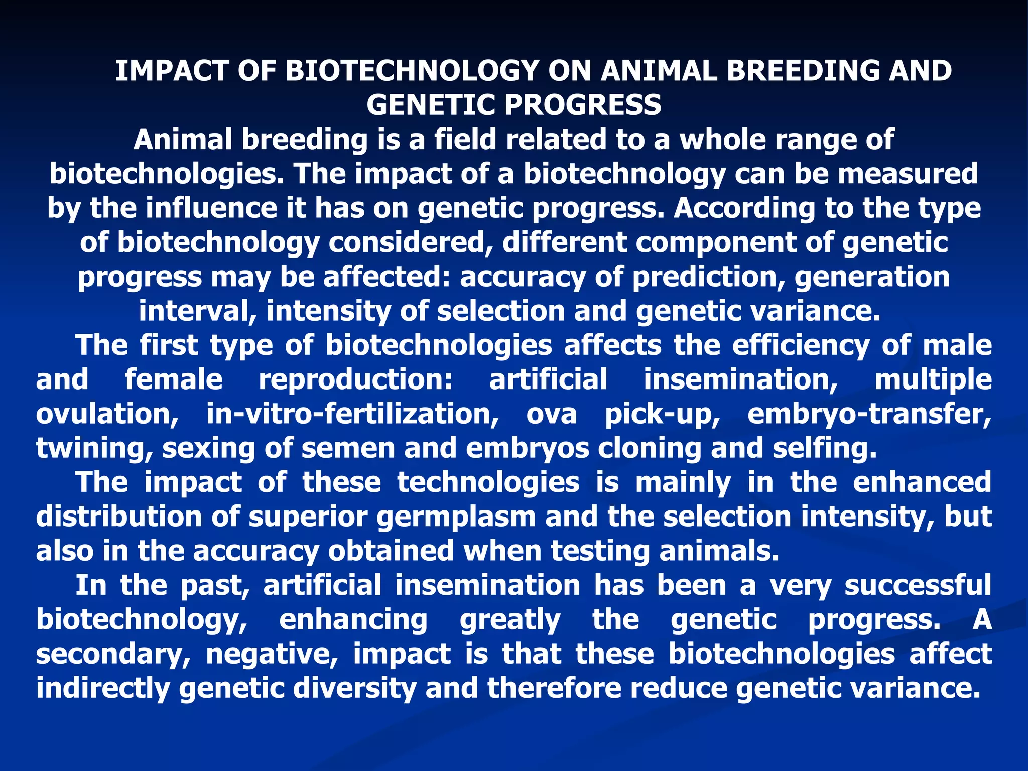 IMPACT OF BIOTECHNOLOGY ON ANIMAL BREEDING AND GENETIC PROGRESS | PPT