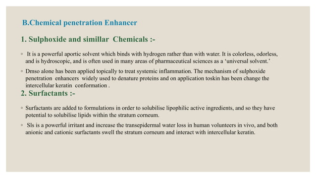 Permeation enhancer of Transdermal drug delivery system | PPTX