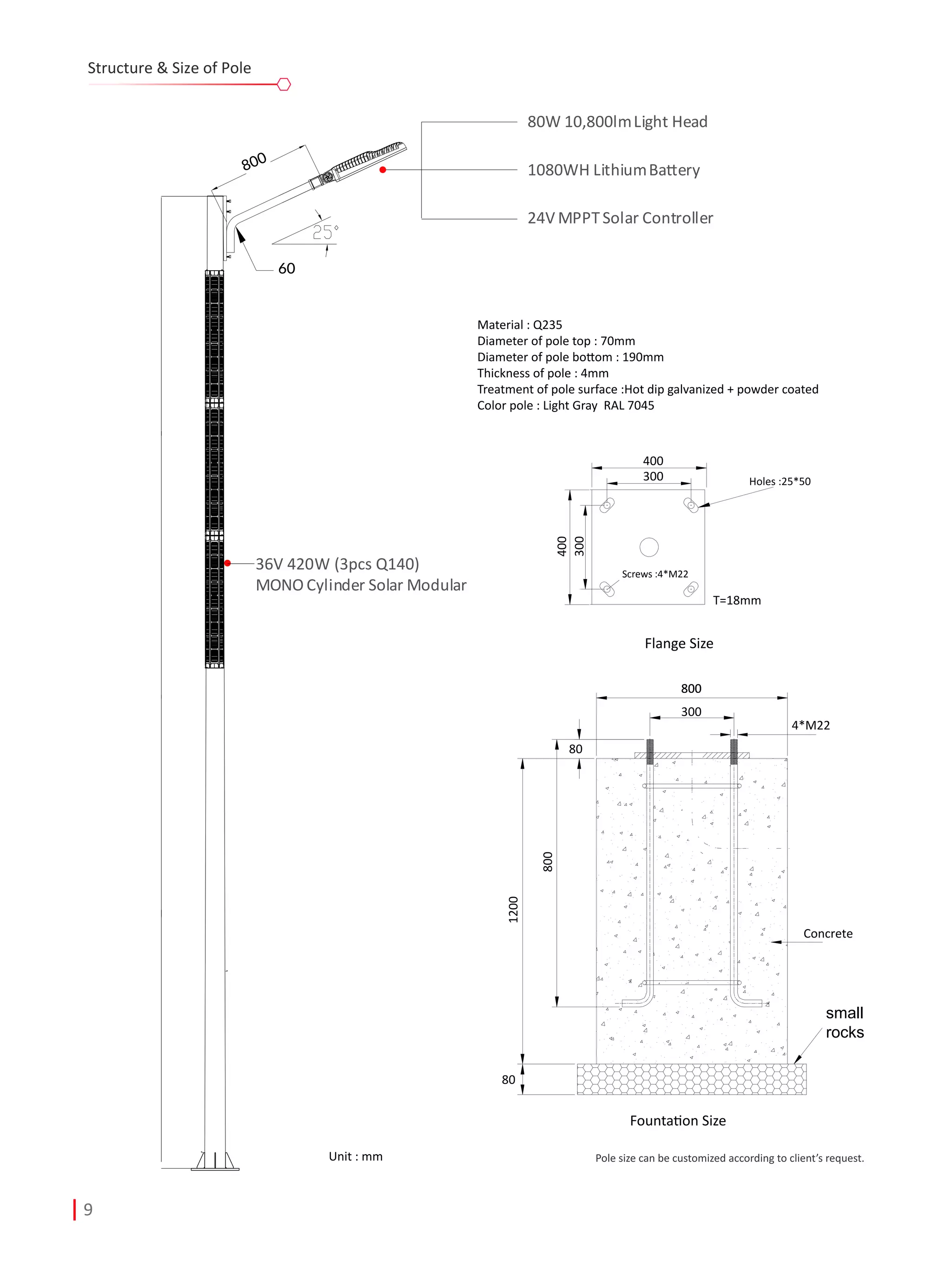 Data sheet of 80W vertical solar street light for 10 meters pole | PDF