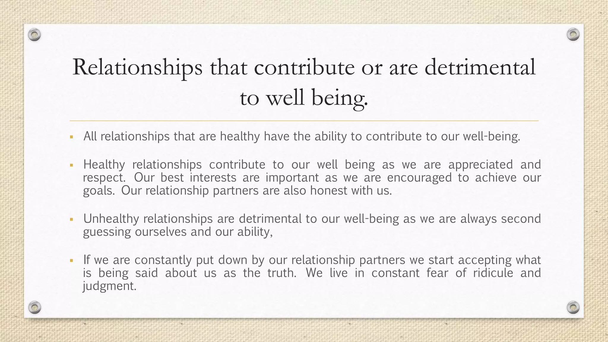 Relationship and their influence on well being | PPTX