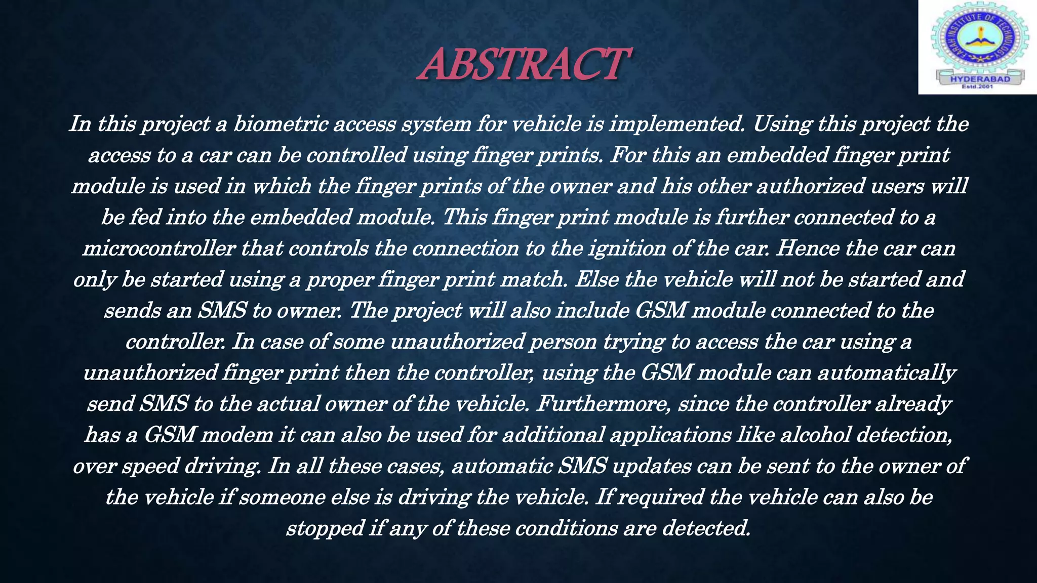 Biometric Vehicle Authentication System | PPTX