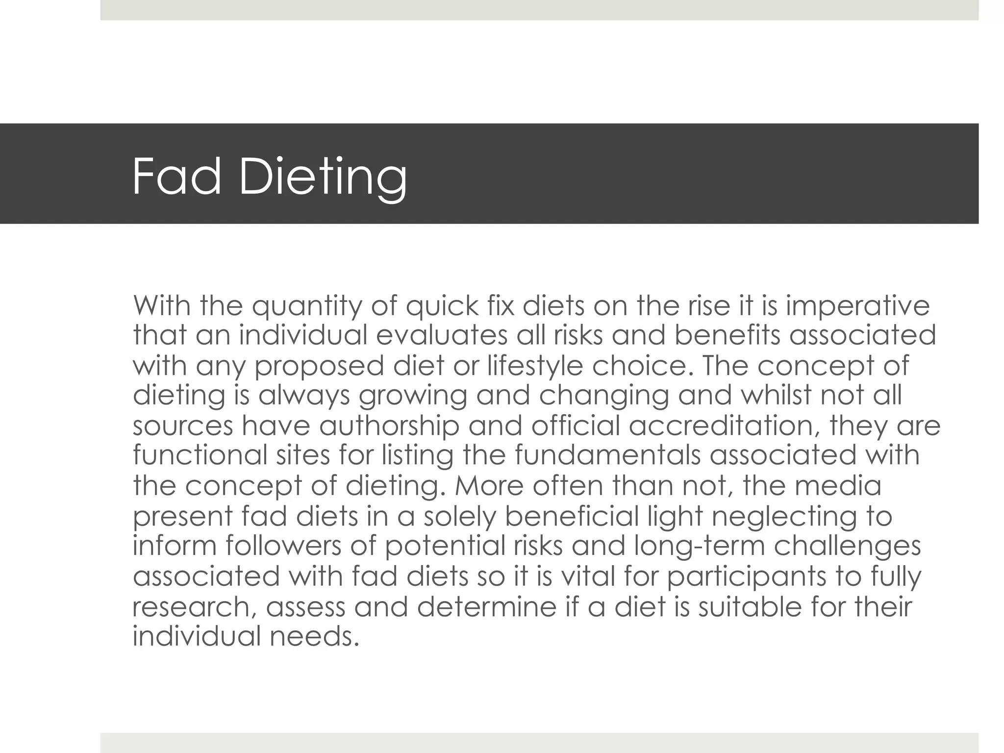 The Risks, Benefits and Media Portrayal of Fad Dieting | PDF