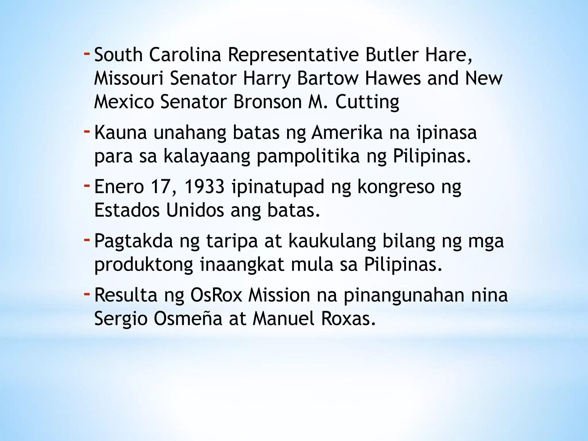 The Hare-Hawes Cutting and Tydings-Mcduffie Law | PPTX