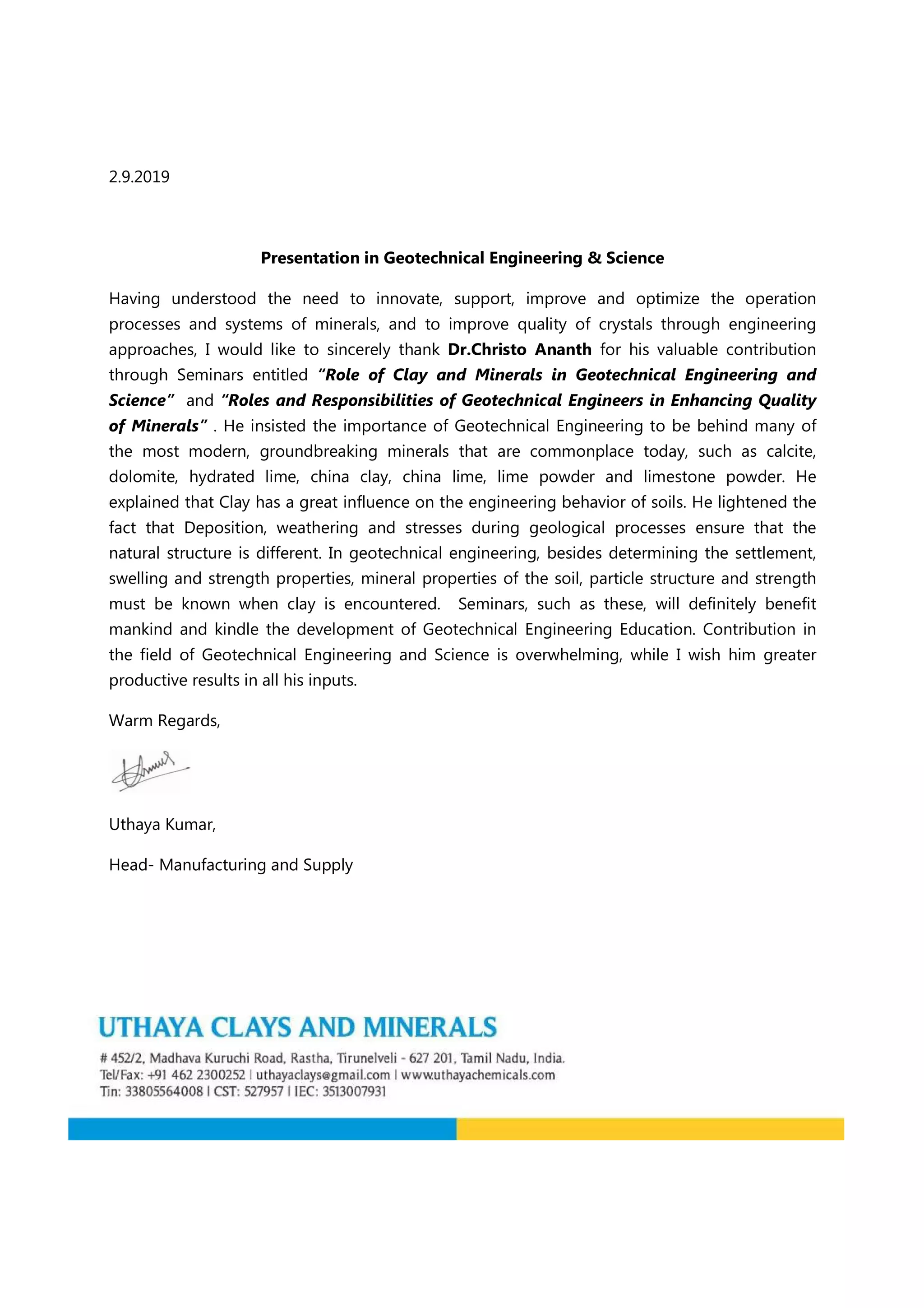 Christo Ananth Contribution In Geotechnical Engineering Uthaya Clays And Minerals Tirunelveli