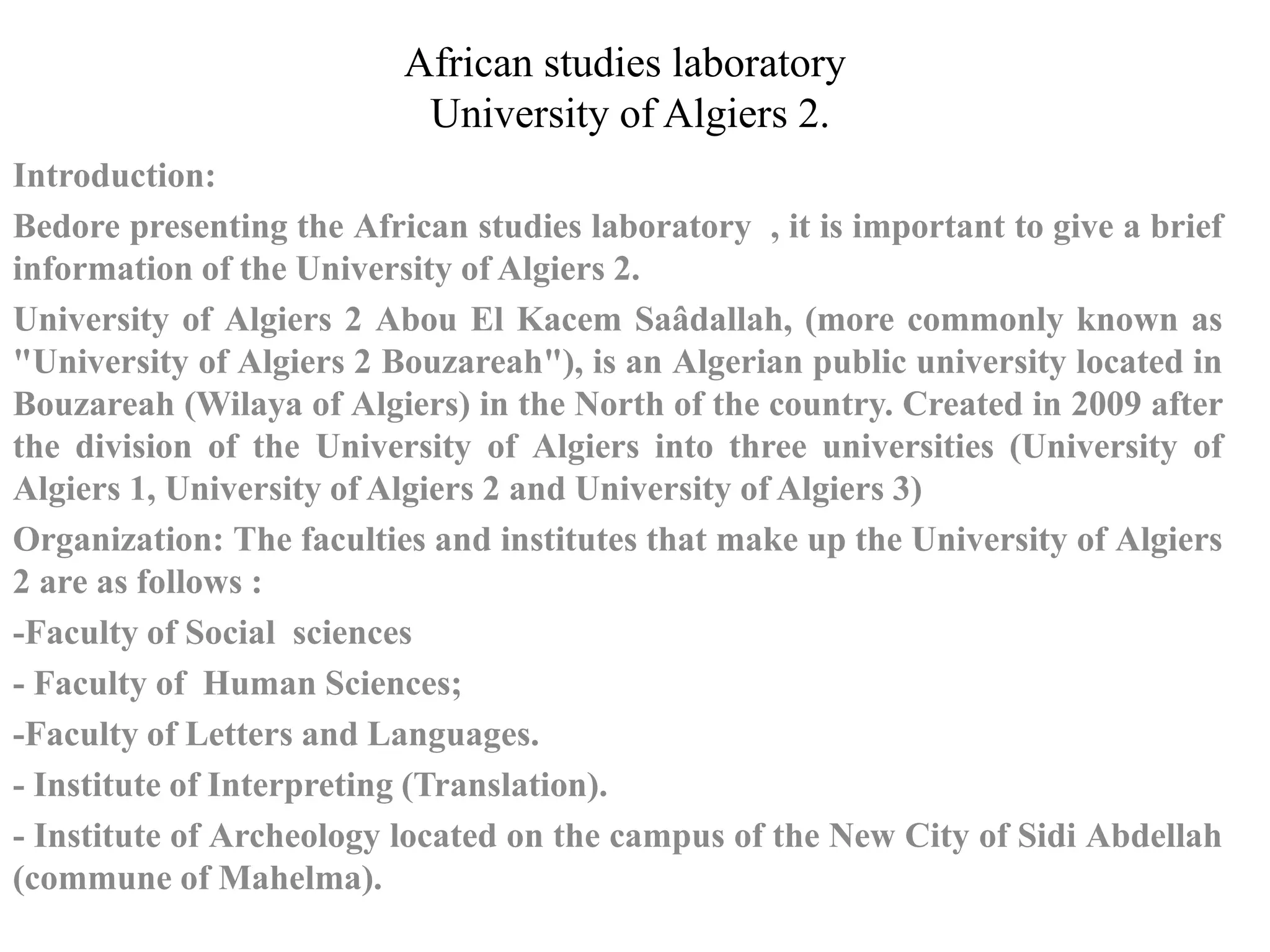 Presentation of the African studies laboratory , university of Algiers ...