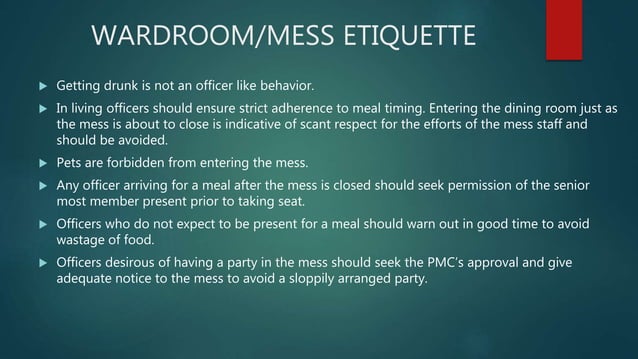 Mess etiquette and customs | PPTX | Bars & Restaurants | Attractions