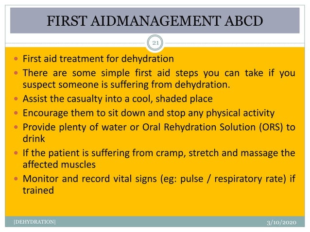 Presentation on "DEHYDRATION" | PPTX | First Aid | Injuries