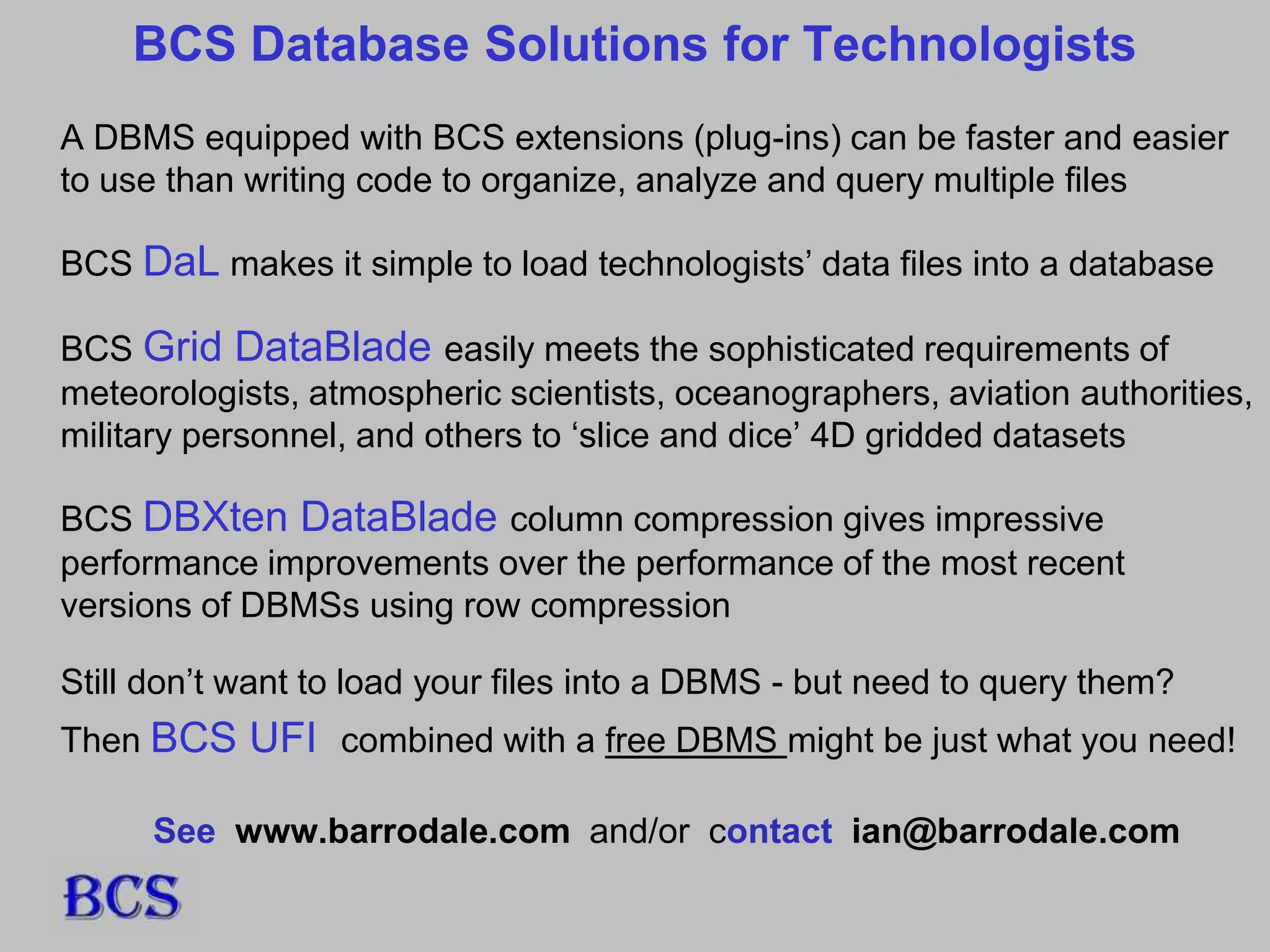 Presentation on BCS Database Products January 2011 | PPTX