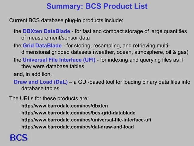 Presentation on BCS Database Products January 2011 | PPT