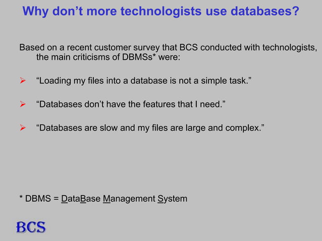 Presentation on BCS Database Products January 2011 | PPT