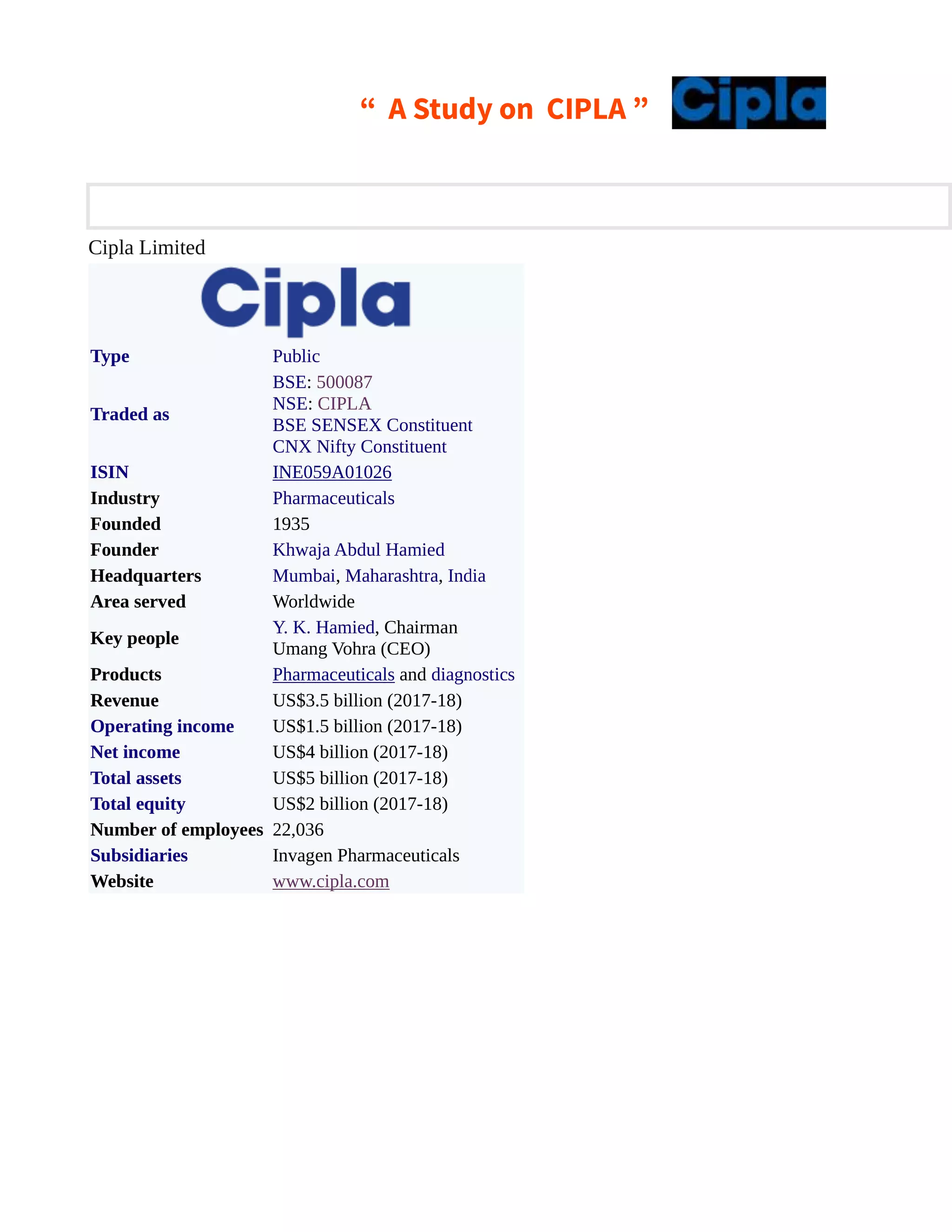 Presentation on CIPLA | PDF