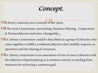 Presentation on concept, need, issues and scope of library consortium | PPT
