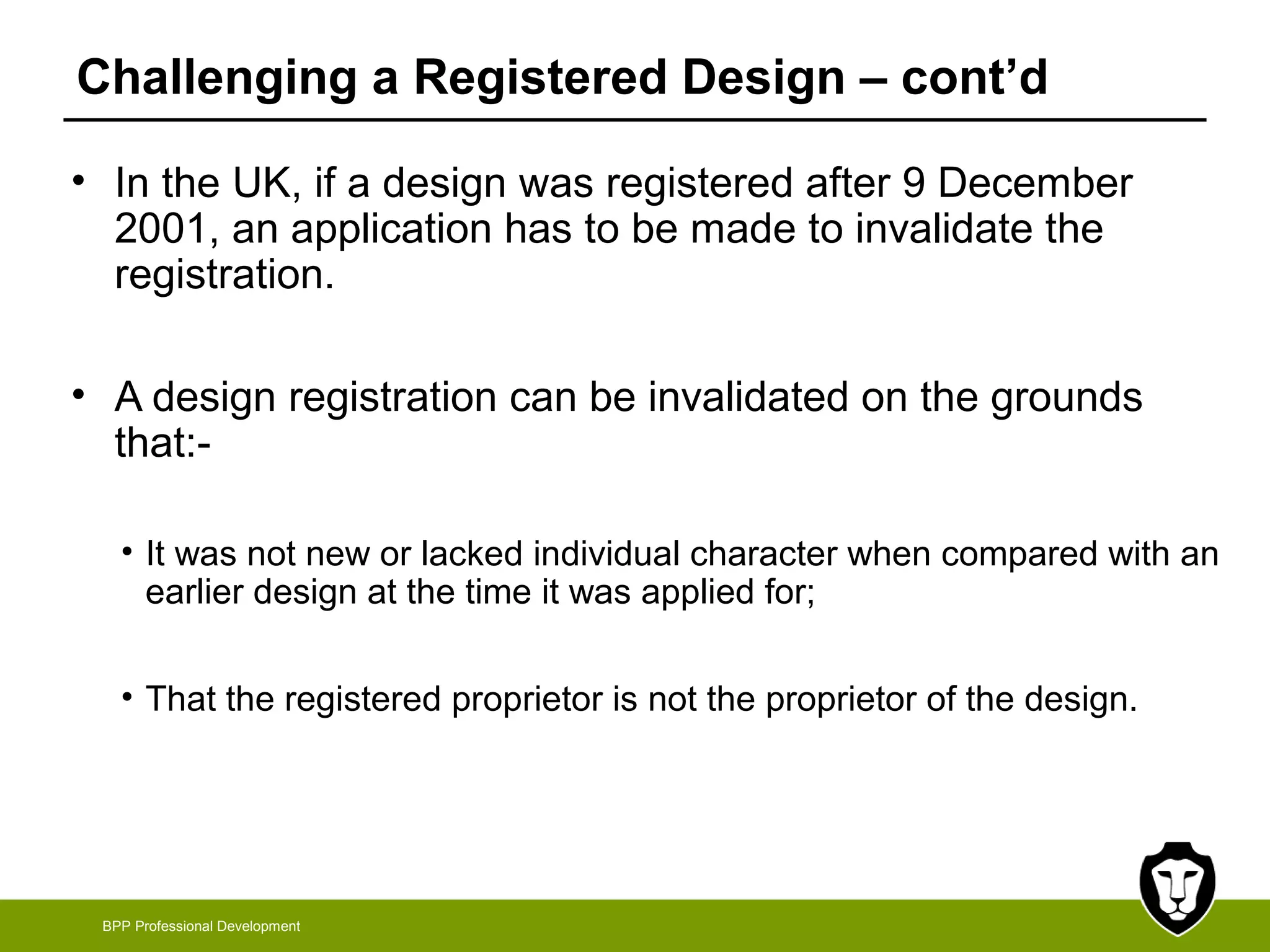 Presentation on EU and UK Design law given before BPP School of Law | PPT