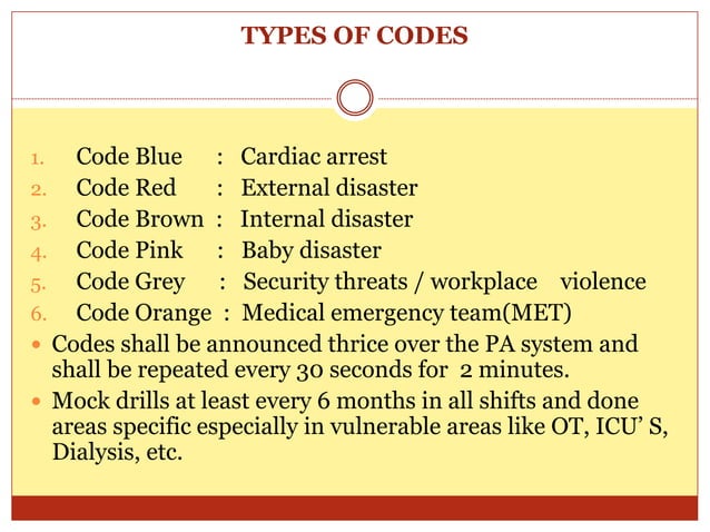 Presentation on emergency codes in a hospital | PPTX | First Aid | Injuries