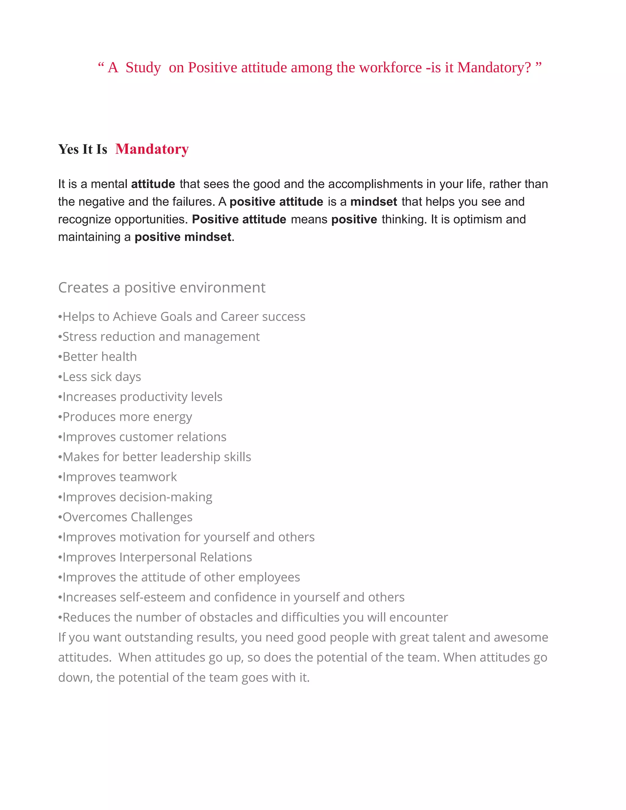 Presentation on Positive attitude among the workforce | PDF