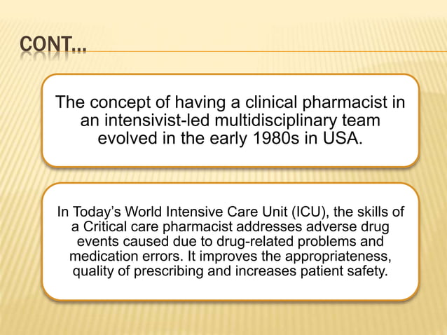 ROLE OF PHARMACIST IN INTENSIVE CARE UNIT | PPTX | Pharmaceutical ...