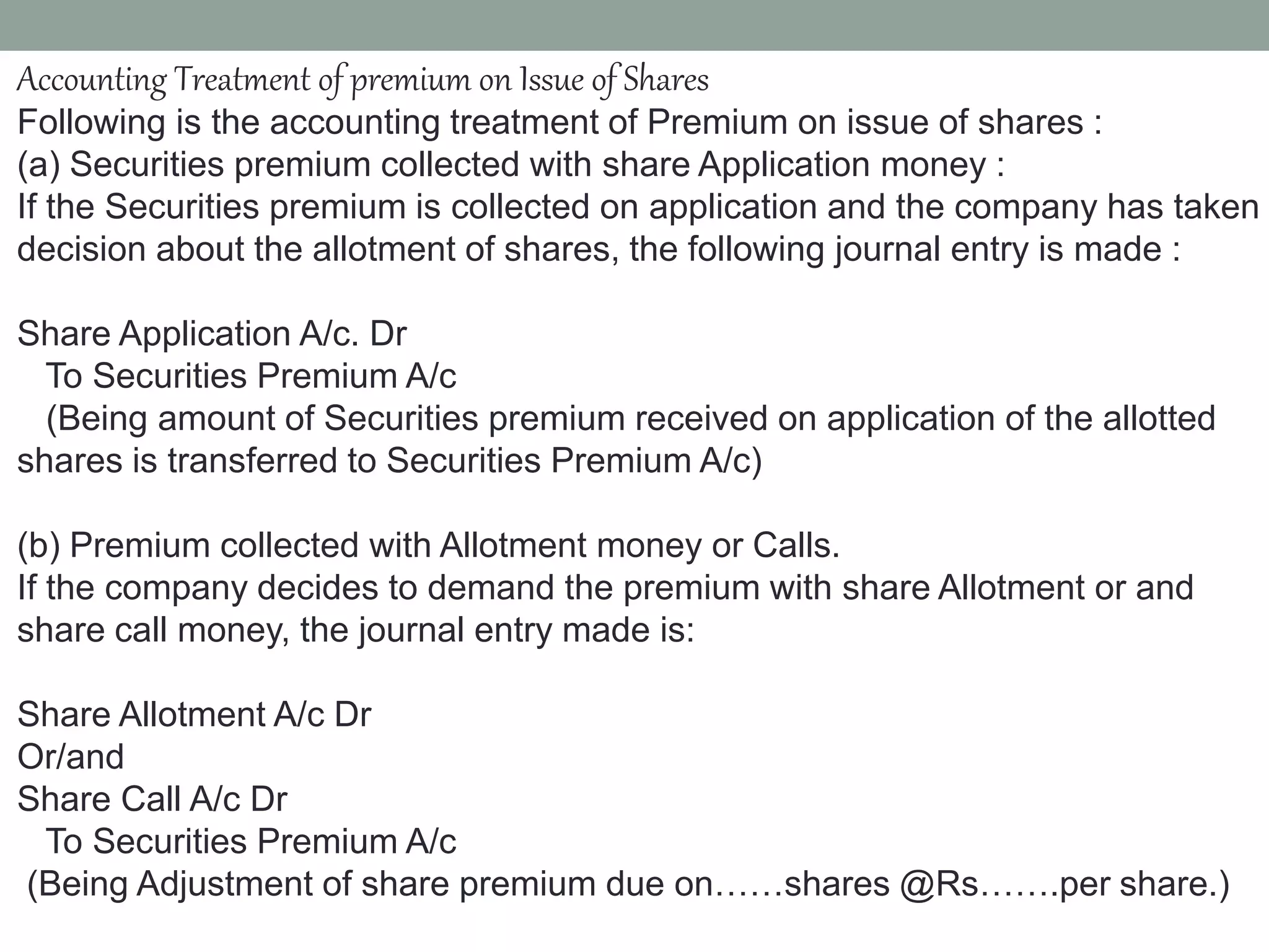 Presentation on Accounting Treatment of Share Capital (Issue of shares ...