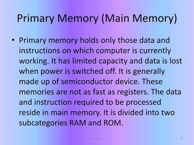 Basic information about Computer memory | PPTX | Data Storage and Warehousing | Computing