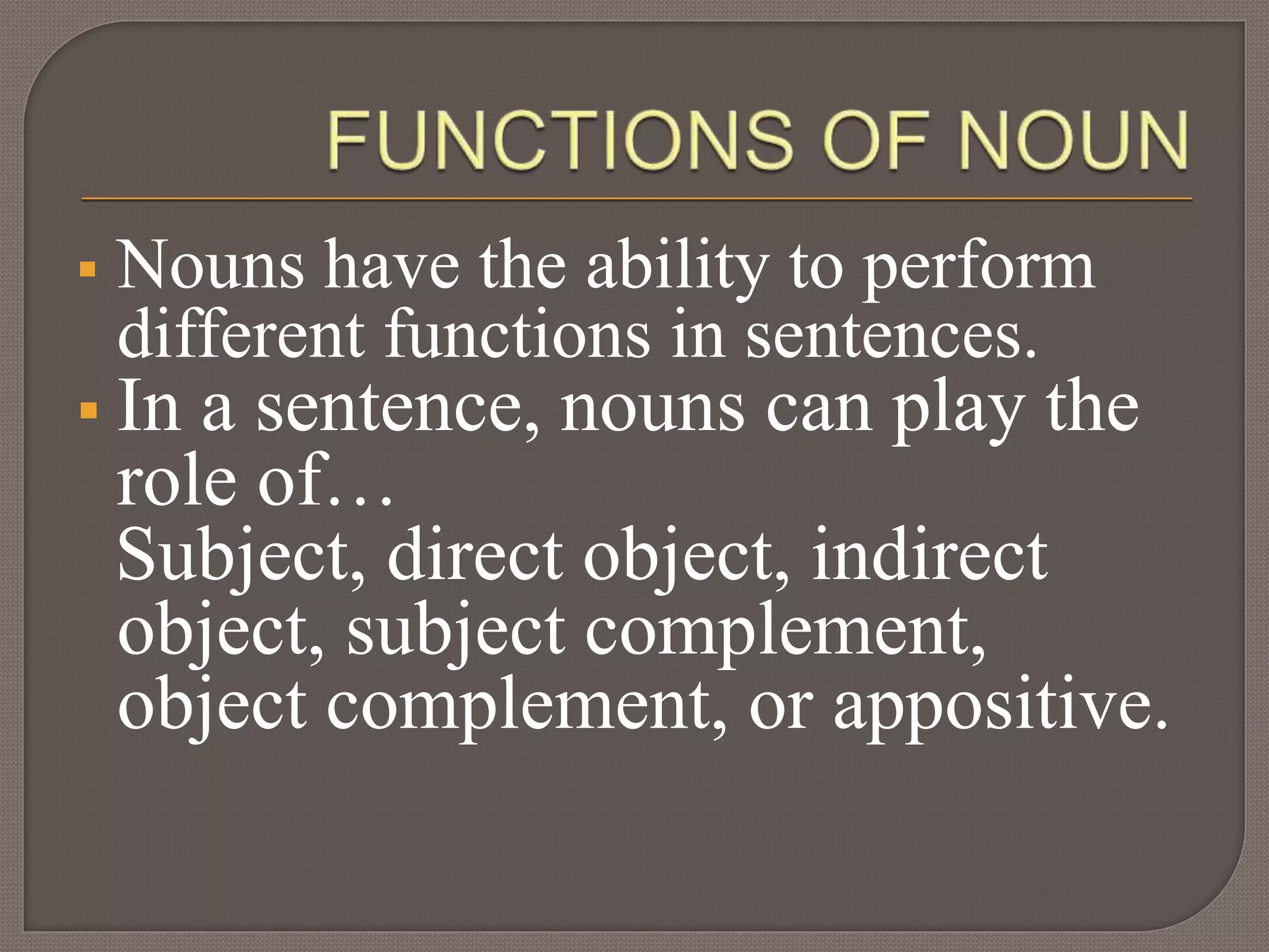 Presentation on Nouns, it's functions and types of Noun. | PPTX