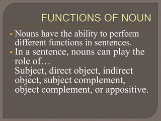 Presentation on Nouns, it's functions and types of Noun. | PPTX