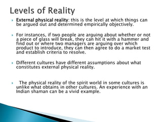 THE DIMENSIONS OF CULTURE: Deeper cultural assumptions about reality ...
